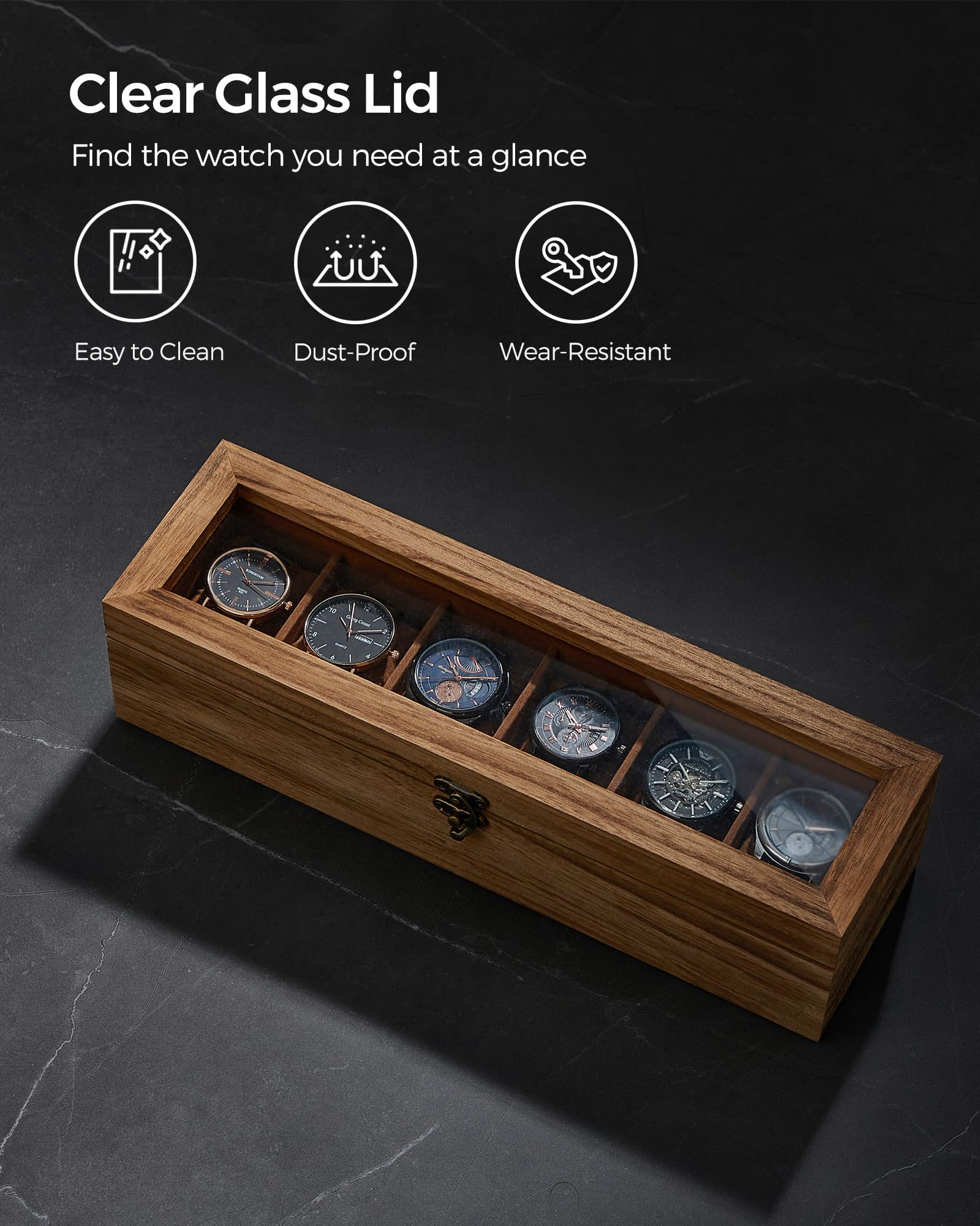 SONGMICS Watch Box, 6-Slot Watch Case, Solid Wood Watch Box Organizer with Glass Lid, Rustic Walnut UJOW006K01