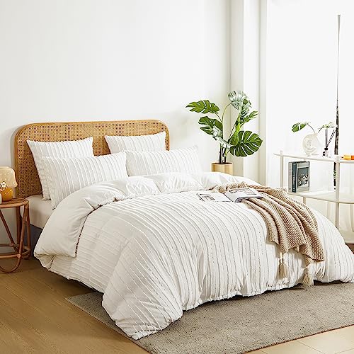 Nayoroom White Boho Duvet Cover Set Queen Size Striped Textured Tufted Bedding Sets 3 Pieces Soft Lightweight Washed Microfiber Farmhouse Aesthetic Comforter Cover with Zipper Closure for All Seasons