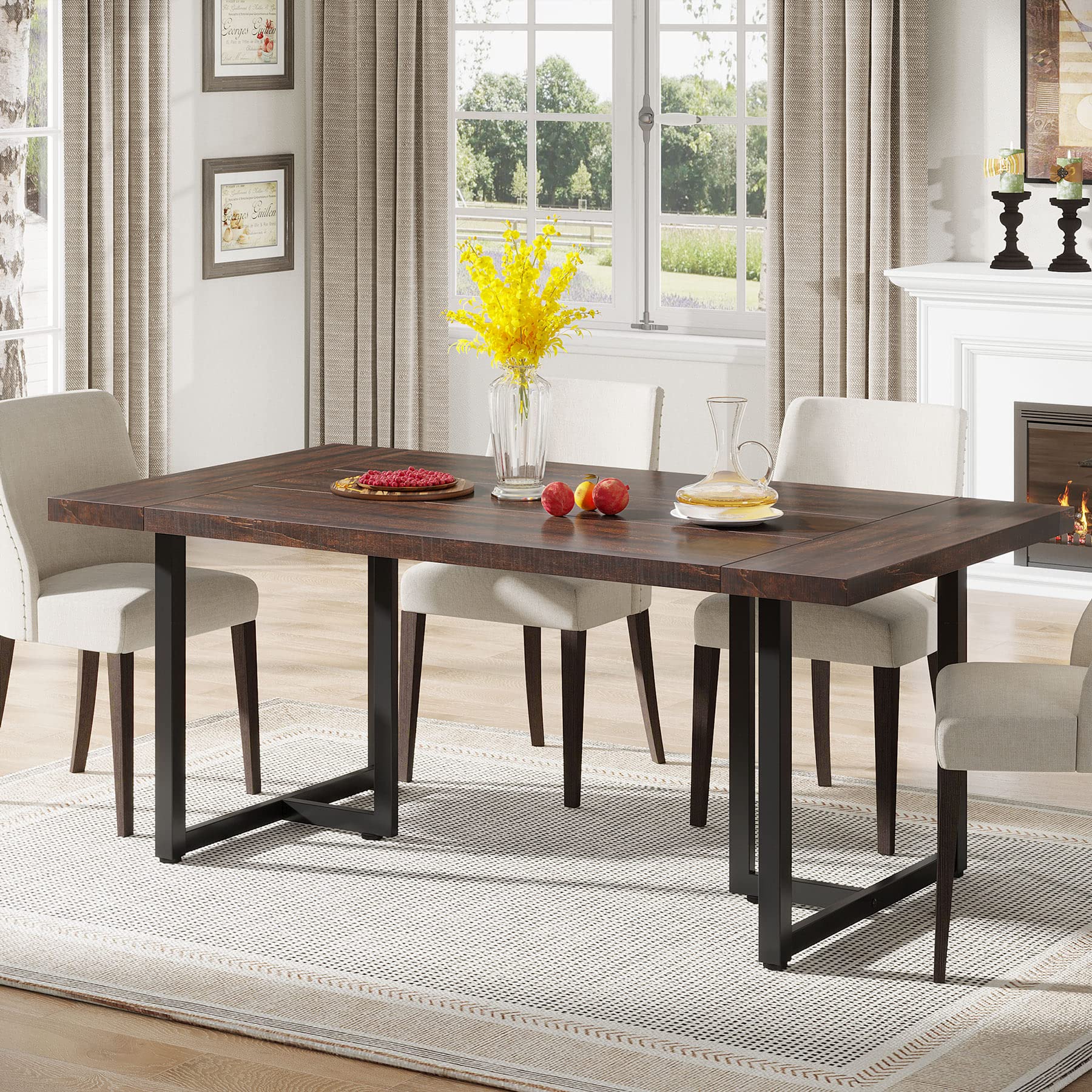 Tribesigns Dining Table Kitchen Table for 6,Farmhouse Kitchen Table for Dining Room, Industrial Rectangular Table with Steel Legs Metal Frame, Kitchen, Home Furniture (Brown)