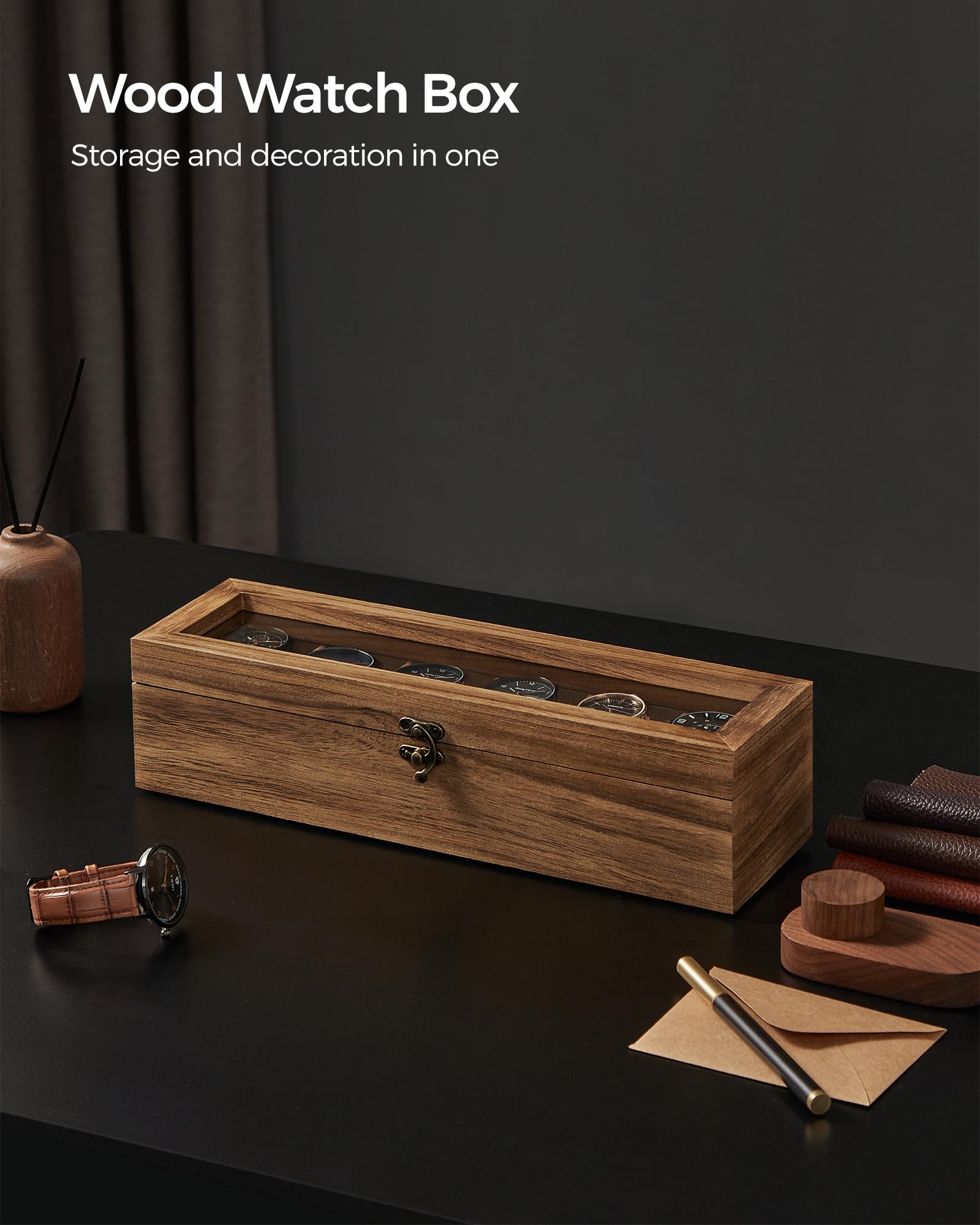 SONGMICS Watch Box, 6-Slot Watch Case, Solid Wood Watch Box Organizer with Glass Lid, Rustic Walnut UJOW006K01