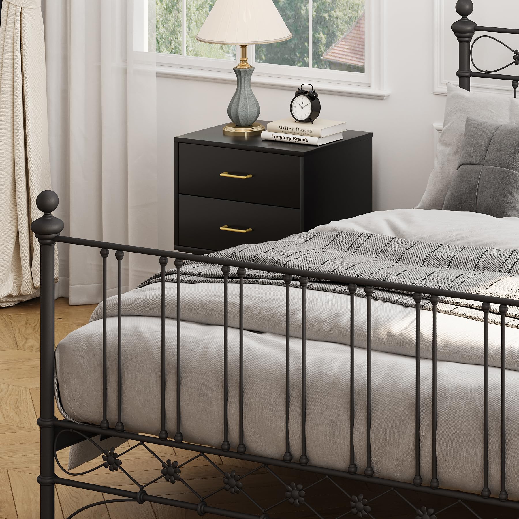 Modern Nightstand with Drawers Black Night Stands for Bedroom,Wood Bedside Table with Drawers,Nightstands Suitable for Salon and Office,Mesita De Noche para Cuarto,26 Inch Tall,2- Drawer