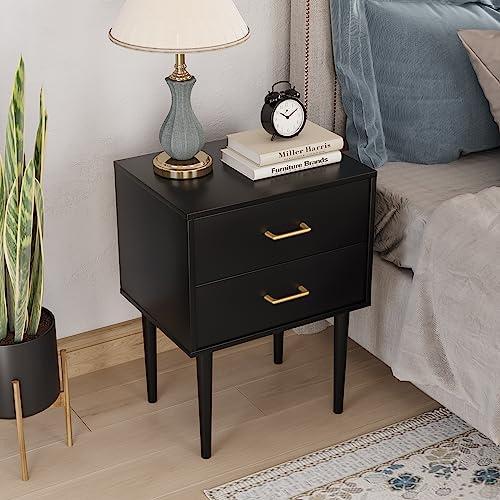 Modern Nightstand with Drawers Black Night Stands for Bedroom,Wood Bedside Table with Drawers,Nightstands Suitable for Salon and Office,Mesita De Noche para Cuarto,26 Inch Tall,2- Drawer