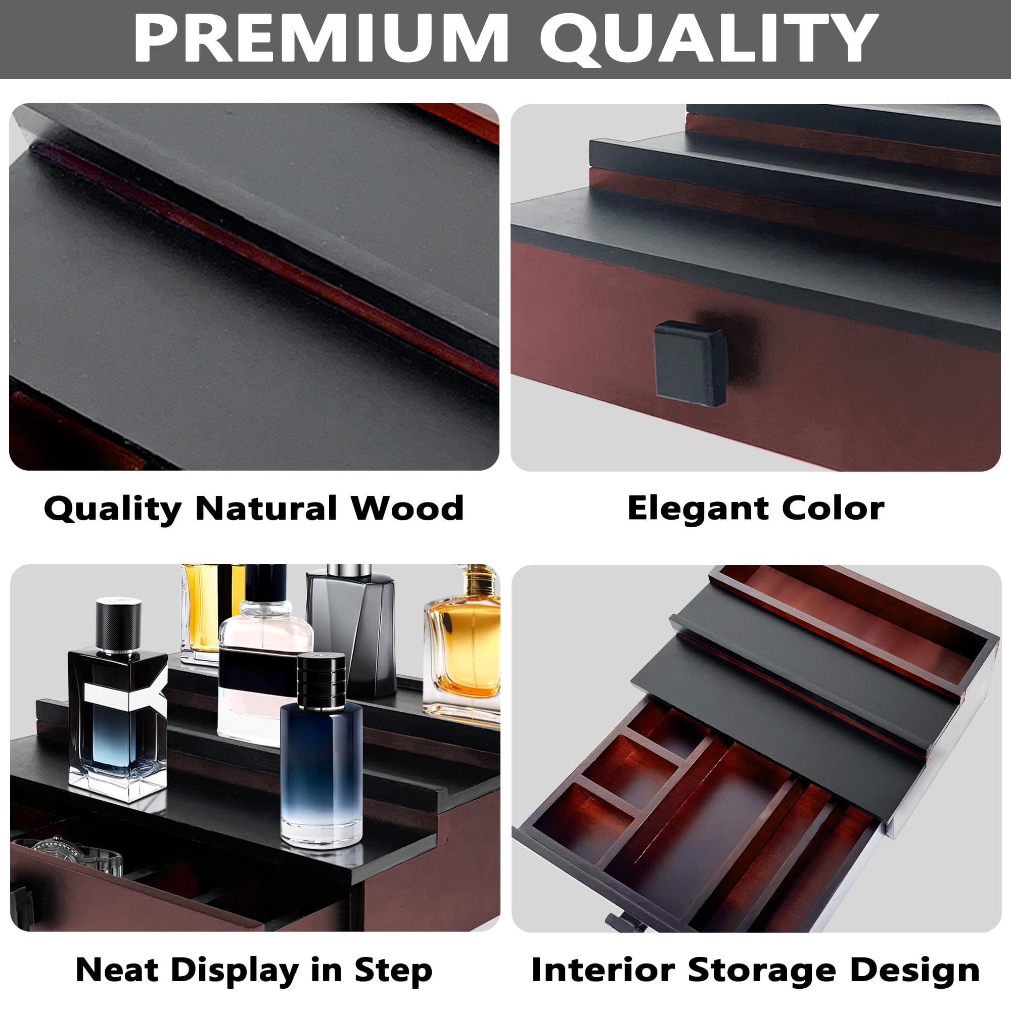 Montex Cologne Organizer For Men 3 Tier Wooden Perfume Organizer with Drawer and Secret Storage, Extra Space for Necklace, Bracelet and Ring, Great Gift for Men