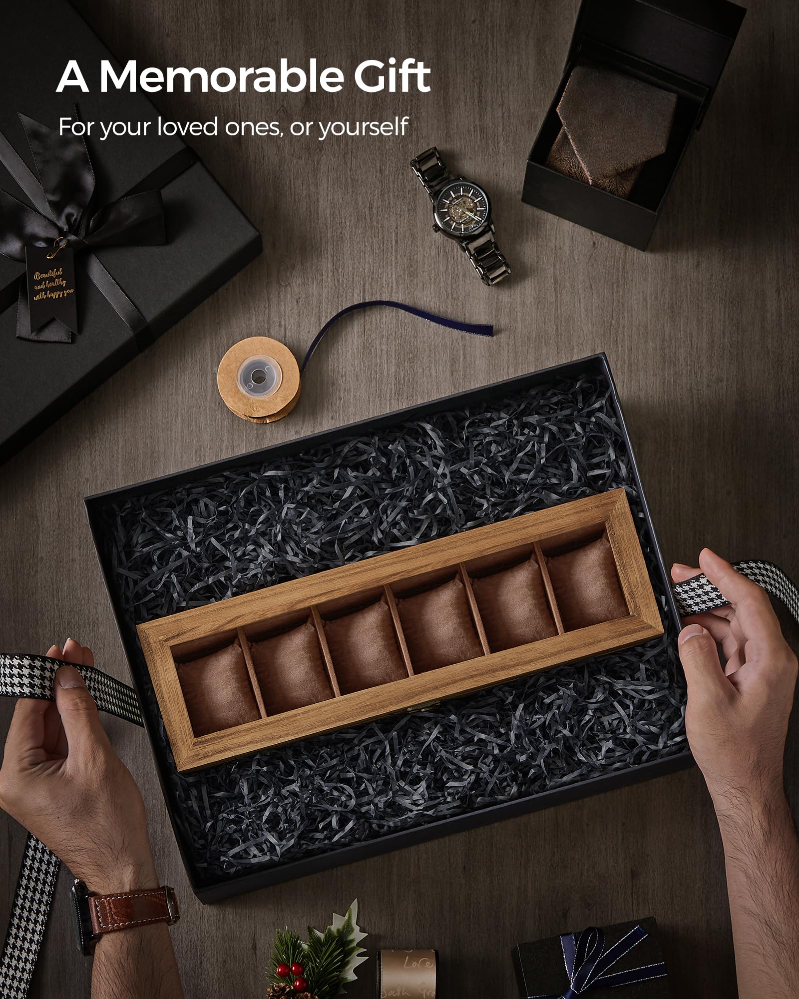 SONGMICS Watch Box, 6-Slot Watch Case, Solid Wood Watch Box Organizer with Glass Lid, Rustic Walnut UJOW006K01