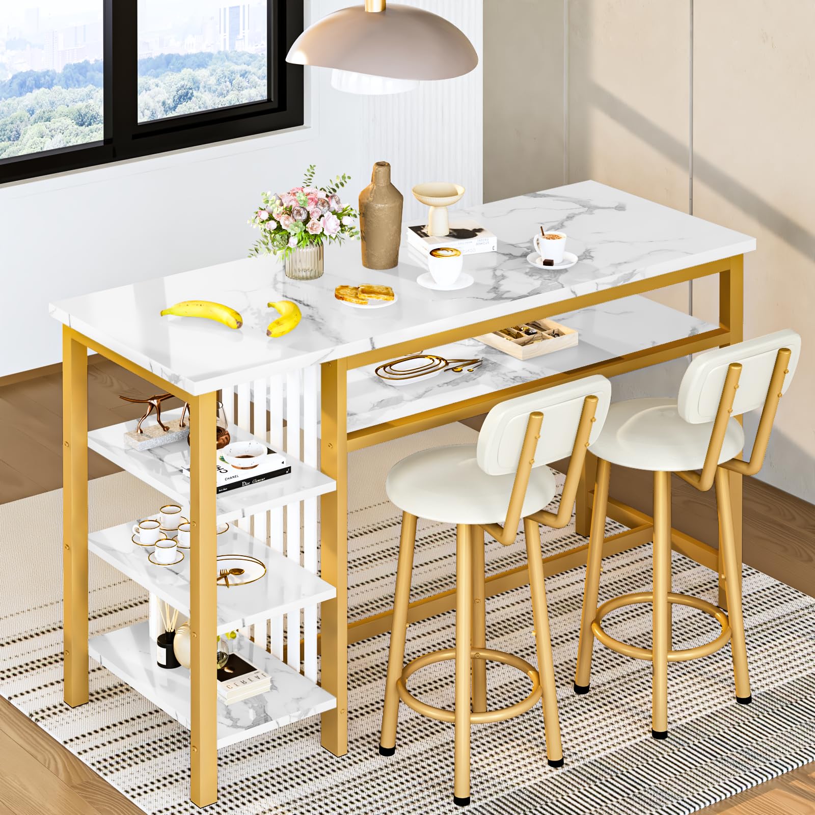 AWQM Bar Table Set of 2 with Storage Shelves, 47" White Faux Marble Dining Set with 2 Upholstered Counter Height Backrest Chairs, 3-Piece Dining Set for 2, Space Saving Table for Home & Kitchen