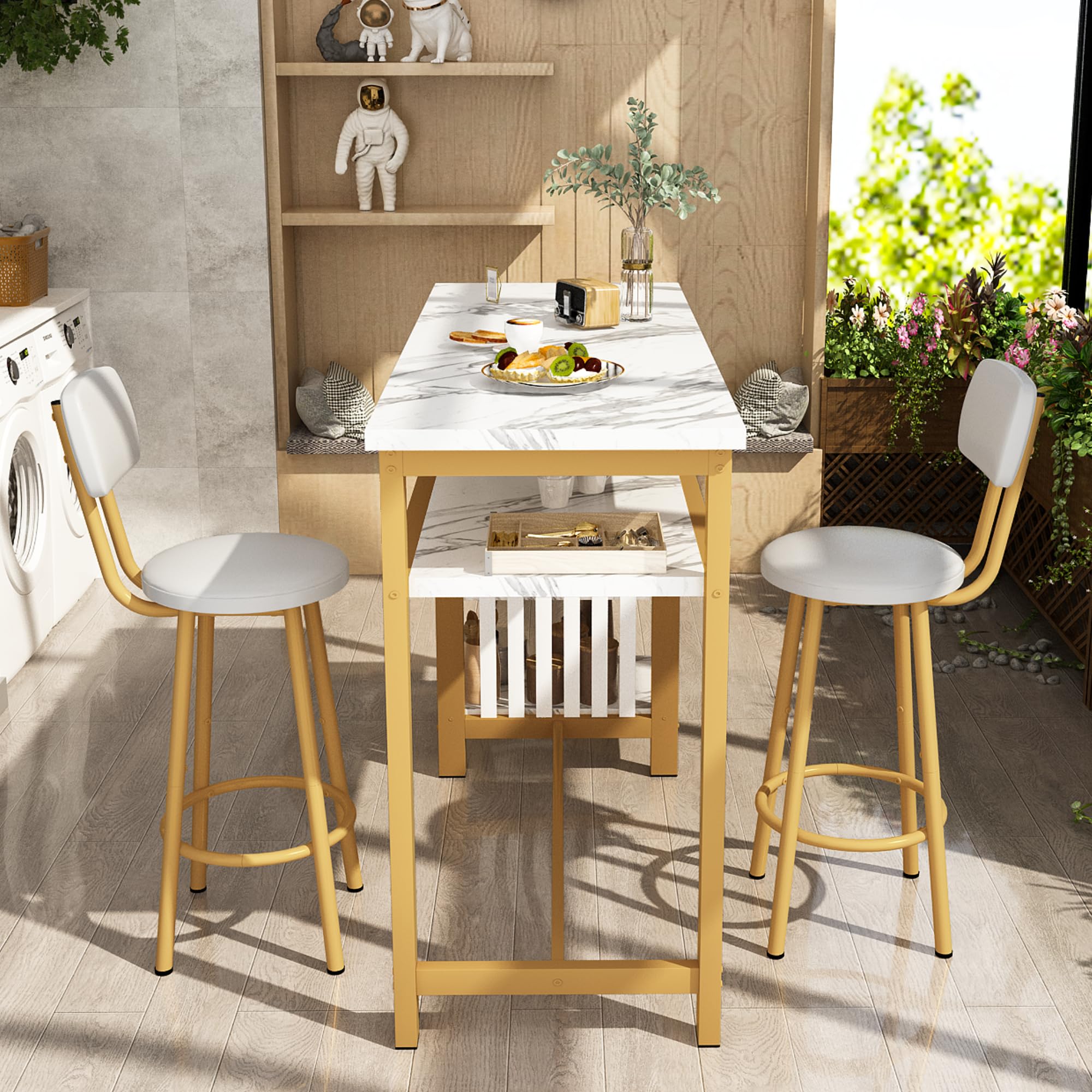 AWQM Bar Table Set of 2 with Storage Shelves, 47" White Faux Marble Dining Set with 2 Upholstered Counter Height Backrest Chairs, 3-Piece Dining Set for 2, Space Saving Table for Home & Kitchen
