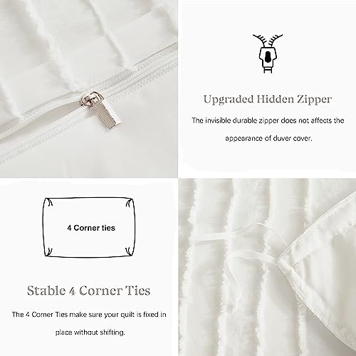 Nayoroom White Boho Duvet Cover Set Queen Size Striped Textured Tufted Bedding Sets 3 Pieces Soft Lightweight Washed Microfiber Farmhouse Aesthetic Comforter Cover with Zipper Closure for All Seasons