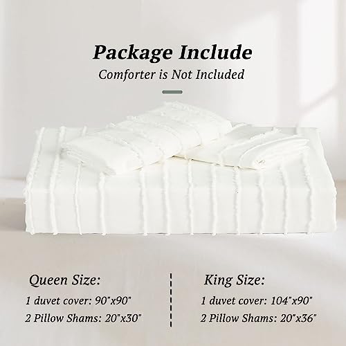 Nayoroom White Boho Duvet Cover Set Queen Size Striped Textured Tufted Bedding Sets 3 Pieces Soft Lightweight Washed Microfiber Farmhouse Aesthetic Comforter Cover with Zipper Closure for All Seasons