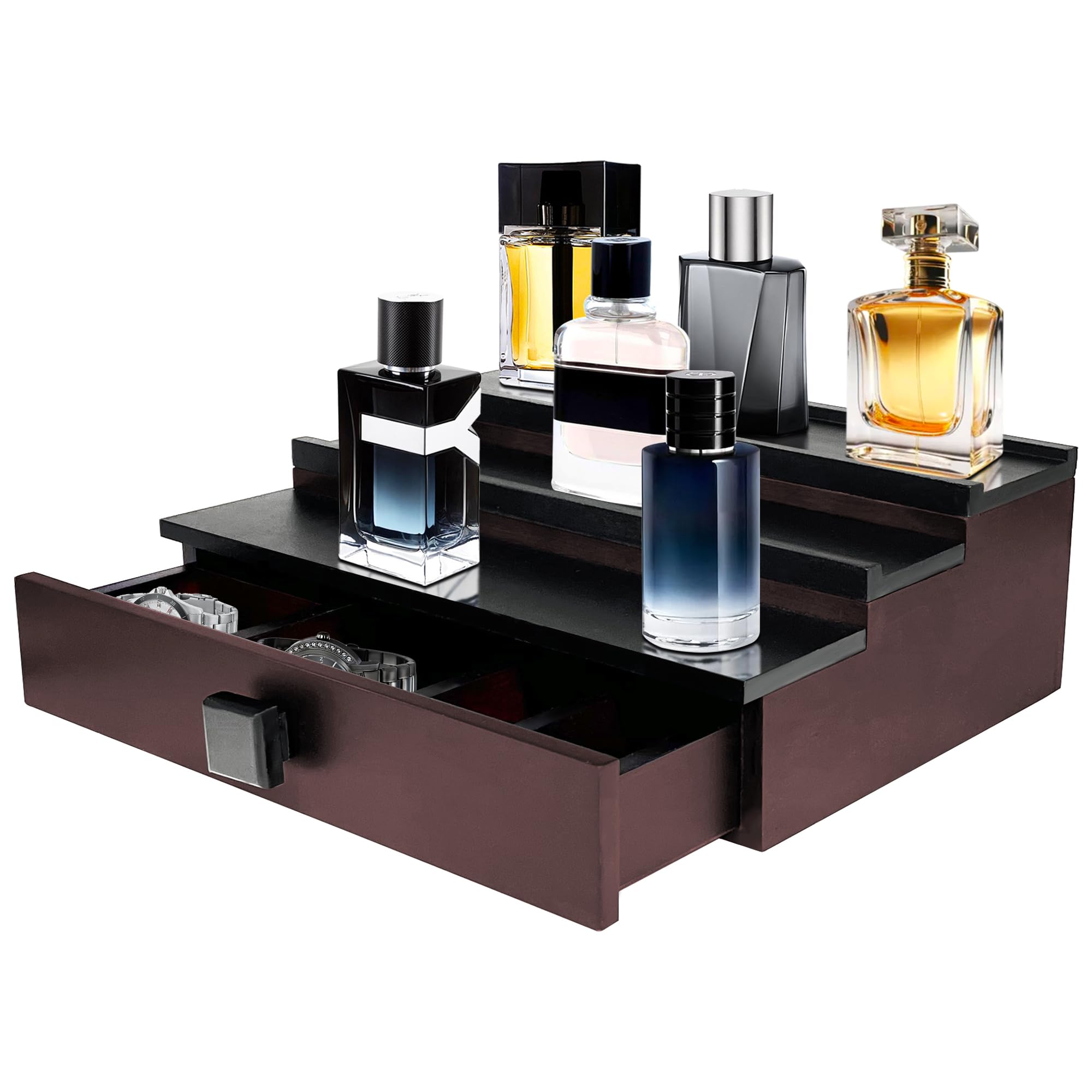Montex Cologne Organizer For Men 3 Tier Wooden Perfume Organizer with Drawer and Secret Storage, Extra Space for Necklace, Bracelet and Ring, Great Gift for Men