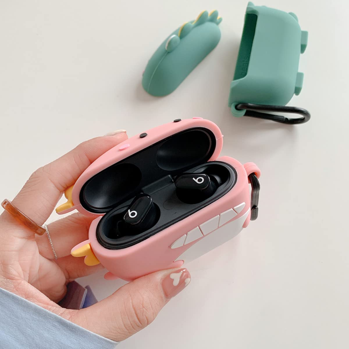 AOLABOKY for Beats Studio Buds+ (2023 Released),3D Cute Cartoons Anime Full Body Earphone Protective Cover with Keychain for Beats Studio Buds Plus (Green Dinosaur)