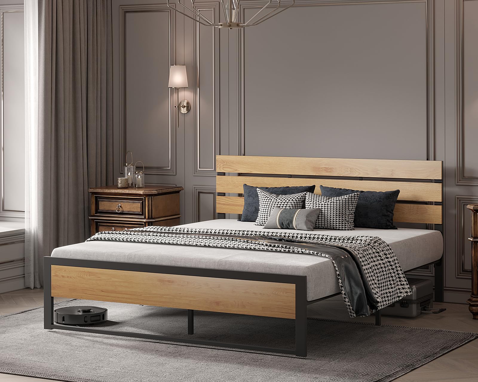 BONSOIR King Size Bed Frame Steady Steel Platform with Wood Headboard/Footboard,No Box Spring Needed, Easy Assembly, Squeaking Free (King Size)
