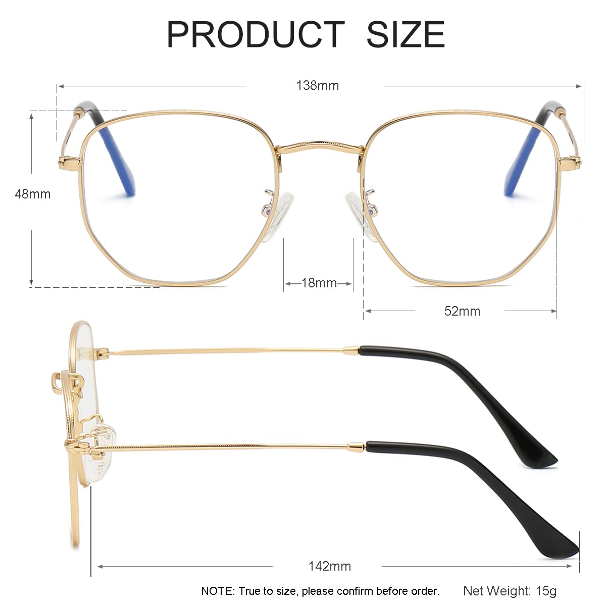 JOVAKIT Polygon Blue Light Blocking Glasses for Women Men Fashion Vintage Small Square Non-prescription Metal Eyeglasses (Gold)
