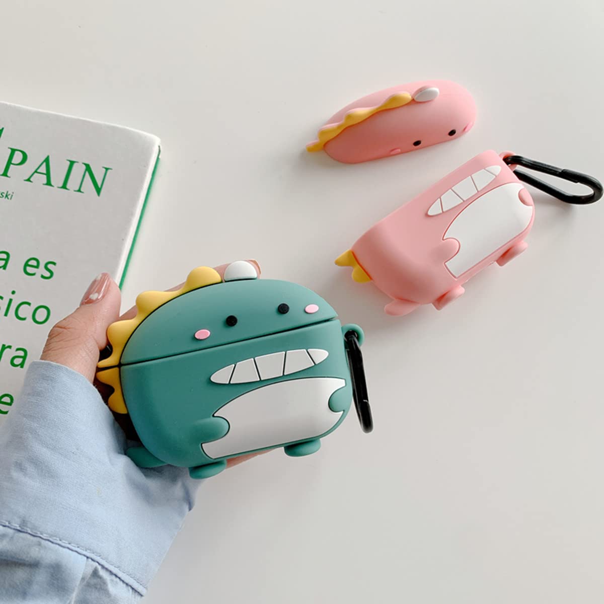 AOLABOKY for Beats Studio Buds+ (2023 Released),3D Cute Cartoons Anime Full Body Earphone Protective Cover with Keychain for Beats Studio Buds Plus (Green Dinosaur)