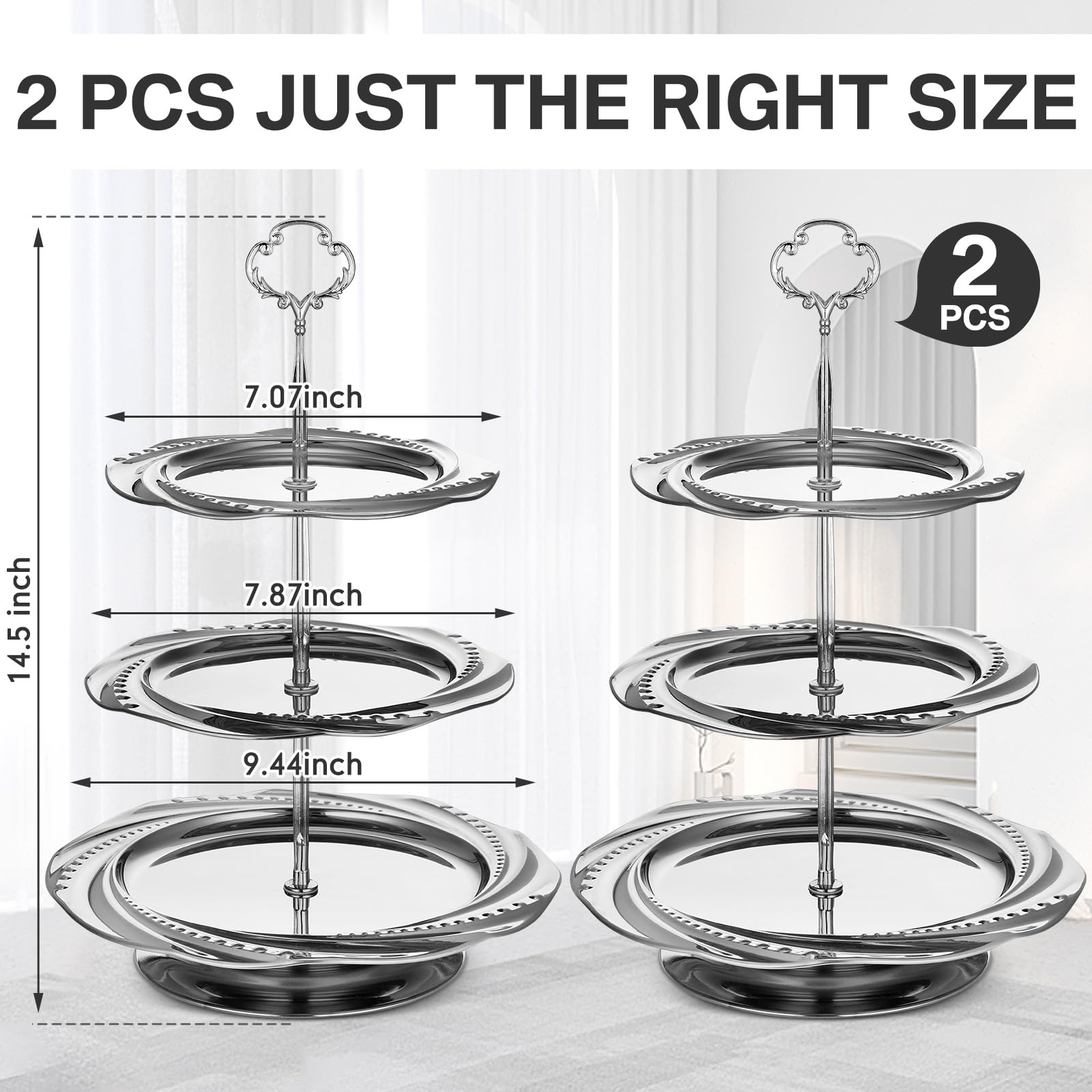 Zhehao 2 Set of Cake Stand Stainless Steel 3 Tiered Serving Stand Dessert Fruit Cupcake Tray Buffet Candy Cup Cake Holder Tea Party Tiered Stand Table Decorations for Wedding Birthday (Silver)