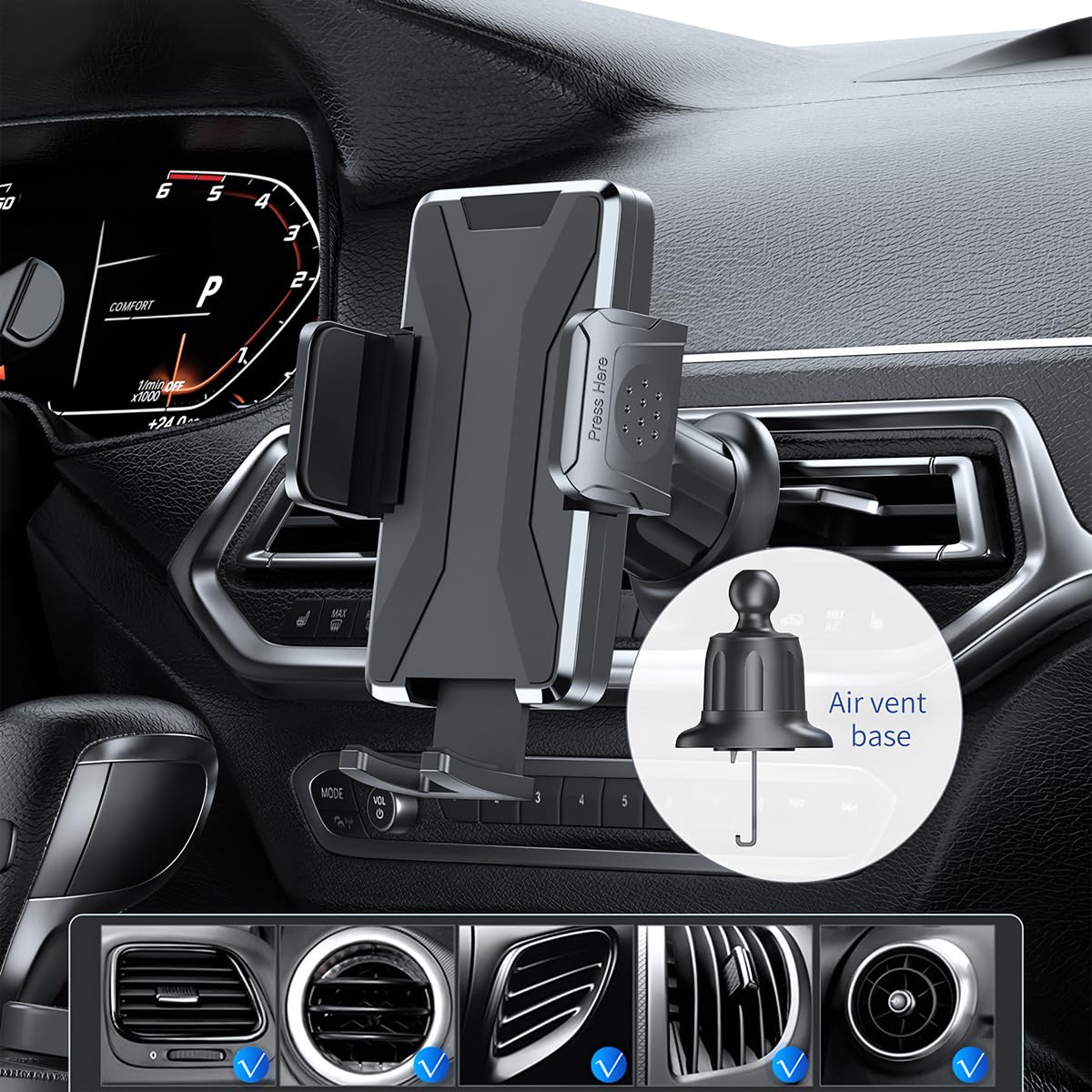 BELOMI Car Phone Mount, Car Air Vent Cellphone Holder, 360° Rotation Adjustable Mobile Phone Bracket, Hands Free Phone Cradle Compatible with iPhone 14 13 12 Pro Max Smartphones (Carbon Fiber)