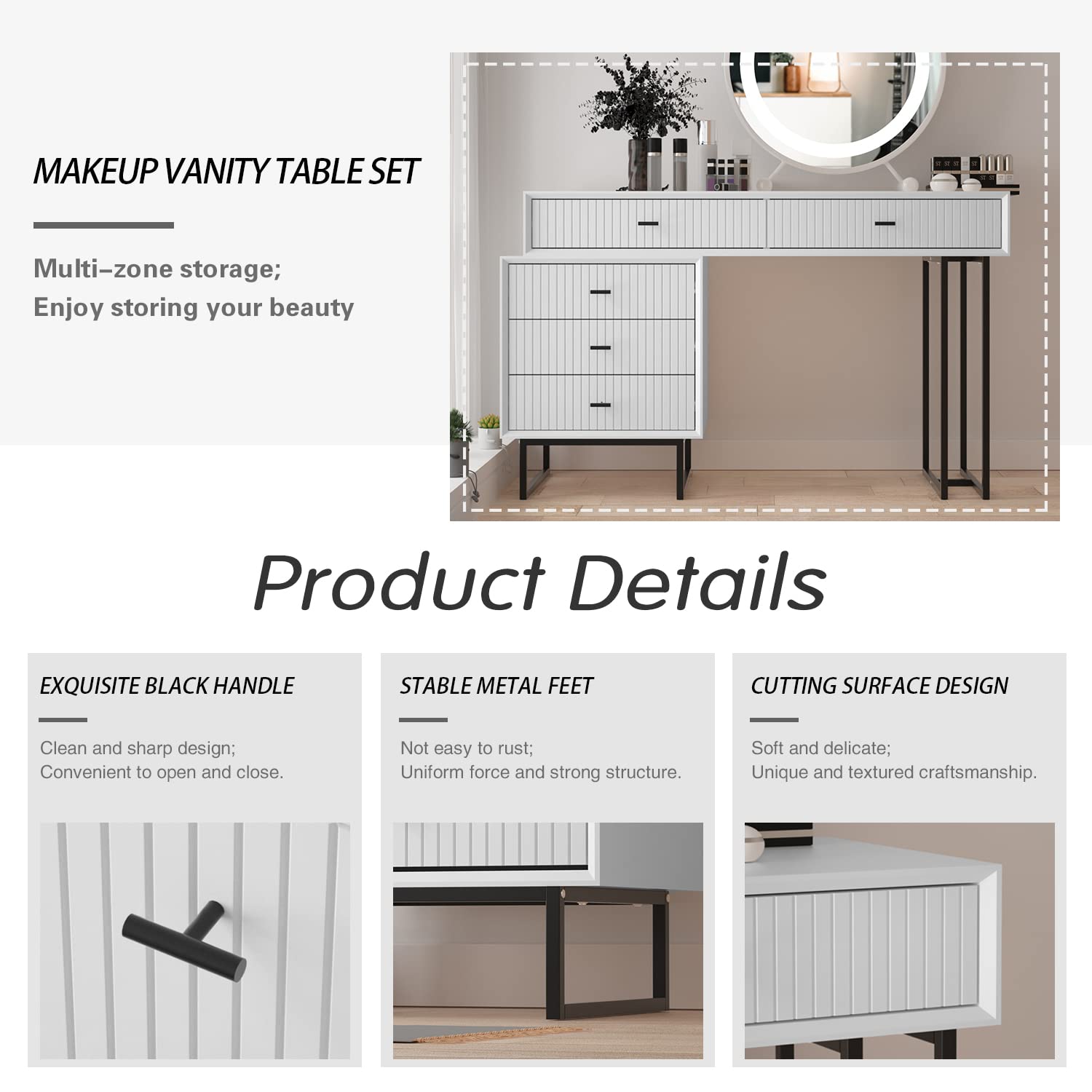 Anbuy Makeup Vanity Desk Set with Drawers, Large Modern Makeup Dressing Table Bedroom Vanity Sets Storage Dresser Furniture Set