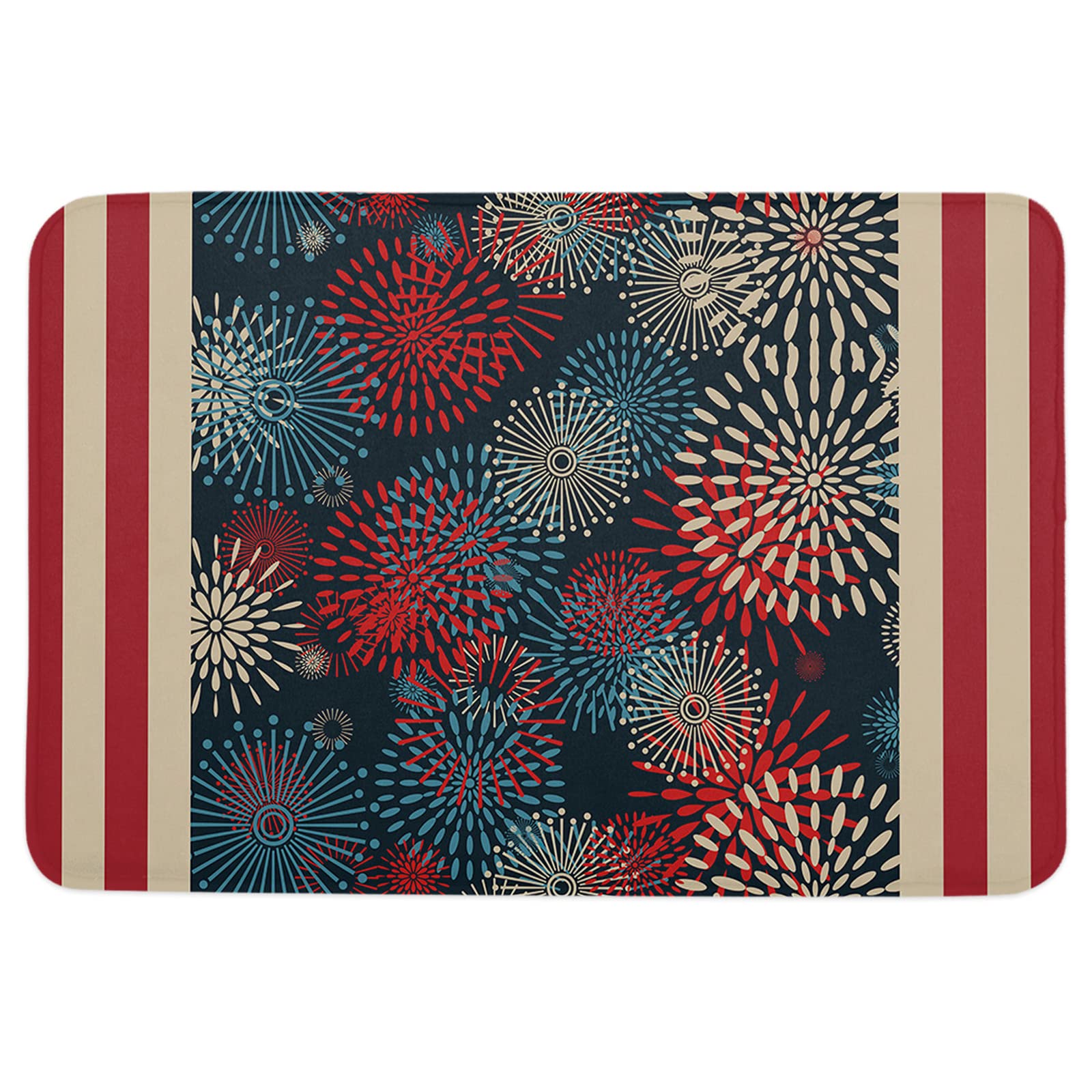 July 4th Bath Rugs US Flag Firework Independence Day Holiday Sponge Doormat Absorbent Non Slip Backing Flannel Mat Colorful Stripes Red Memory Foam Mats for Bathroom Kitchen16 x24