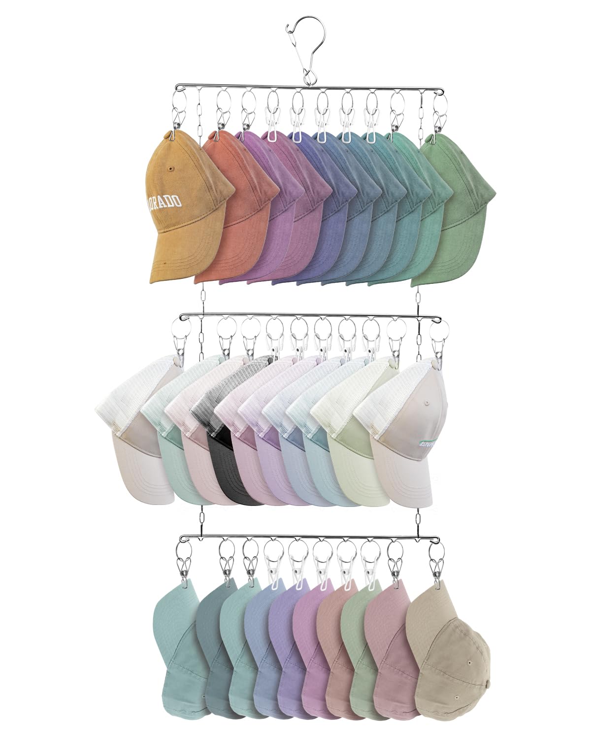 Gumilyo Stainless Steel Hat Hanger for Closet with 30 Heavy Duty Clips, Fits All Caps, Silver