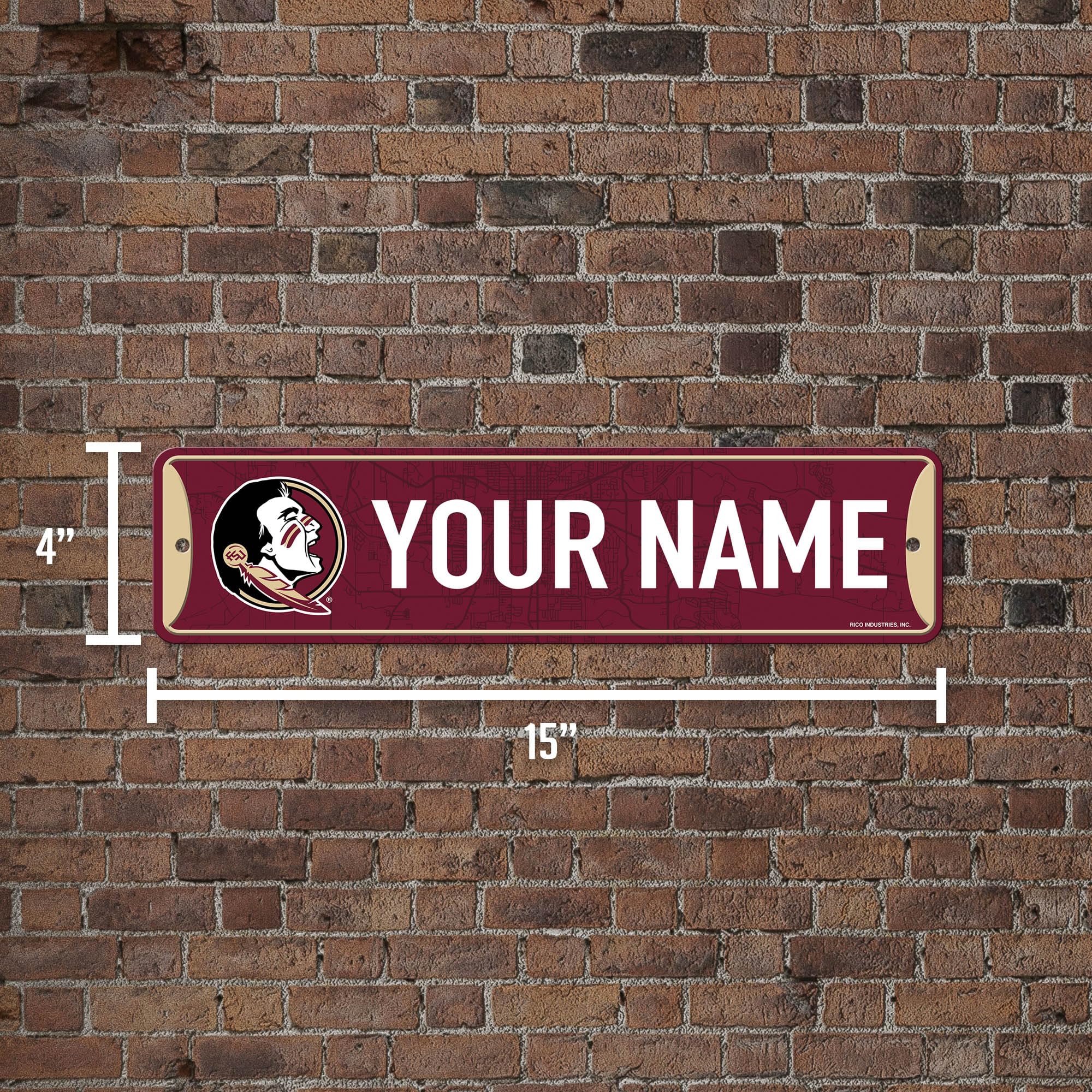 Rico Industries NCAA Florida State Seminoles Primary Personalized Metal Street Sign 4" x 15" Home Décor - Bedroom - Office - Man Cave