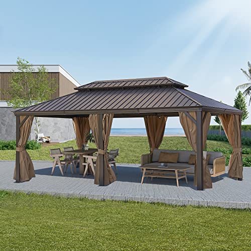 DHPM 12 * 20 FT Hardtop Gazebo with Steel Outdoor Gazebo Canopy Double Vented Roof Pergolas Aluminum Frame with Curtains for Garden,Patio,Lawns,Parties