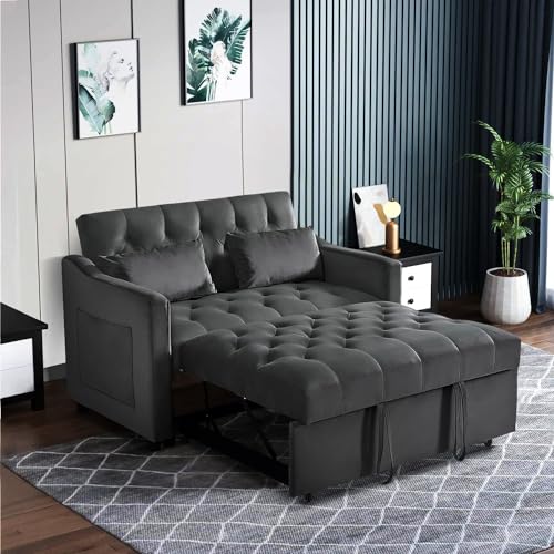 KINFFICT Velvet Sofa Bed, Convertible Futon Couch Bed, Modern Loveseat with 2 Pockets, Small Love Seat for Living Room, Deep Grey