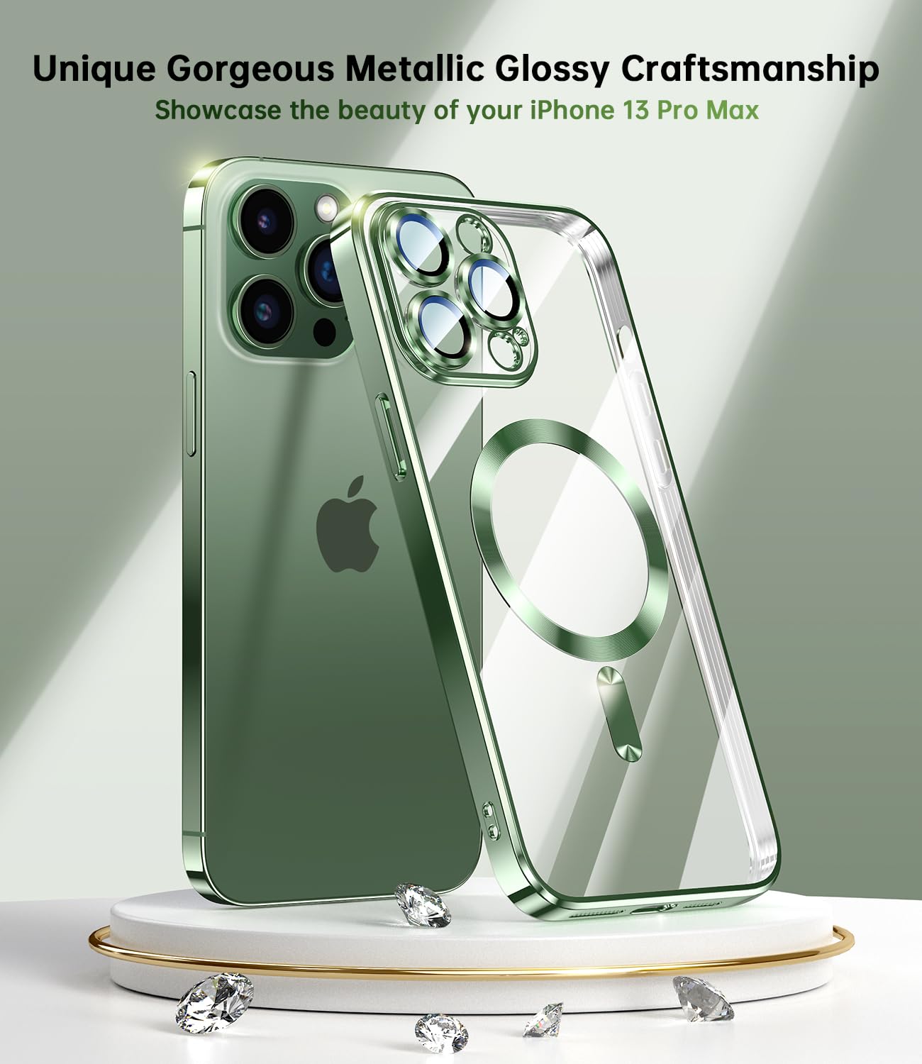 Waldeng for iPhone 13 Pro Max Case with Integrated Camera Lens Protection, [Seamless Work with Magsafe] [Metallic Glossy Soft Bumper], Diamond Clear Stylish Case for iPhone 13 Pro Max, Alpine Green
