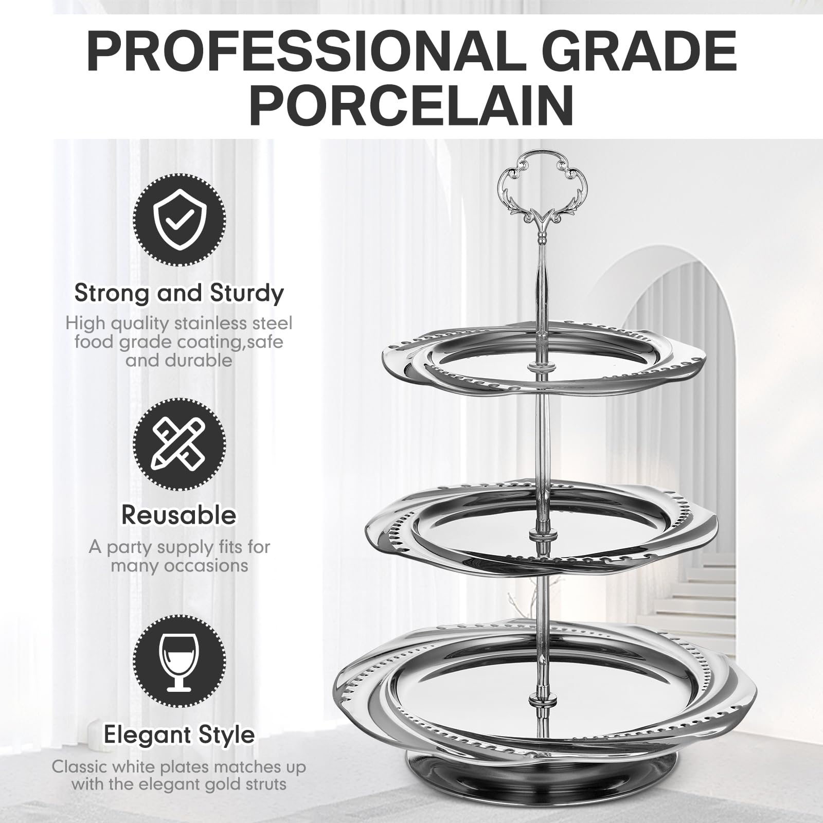 Zhehao 2 Set of Cake Stand Stainless Steel 3 Tiered Serving Stand Dessert Fruit Cupcake Tray Buffet Candy Cup Cake Holder Tea Party Tiered Stand Table Decorations for Wedding Birthday (Silver)