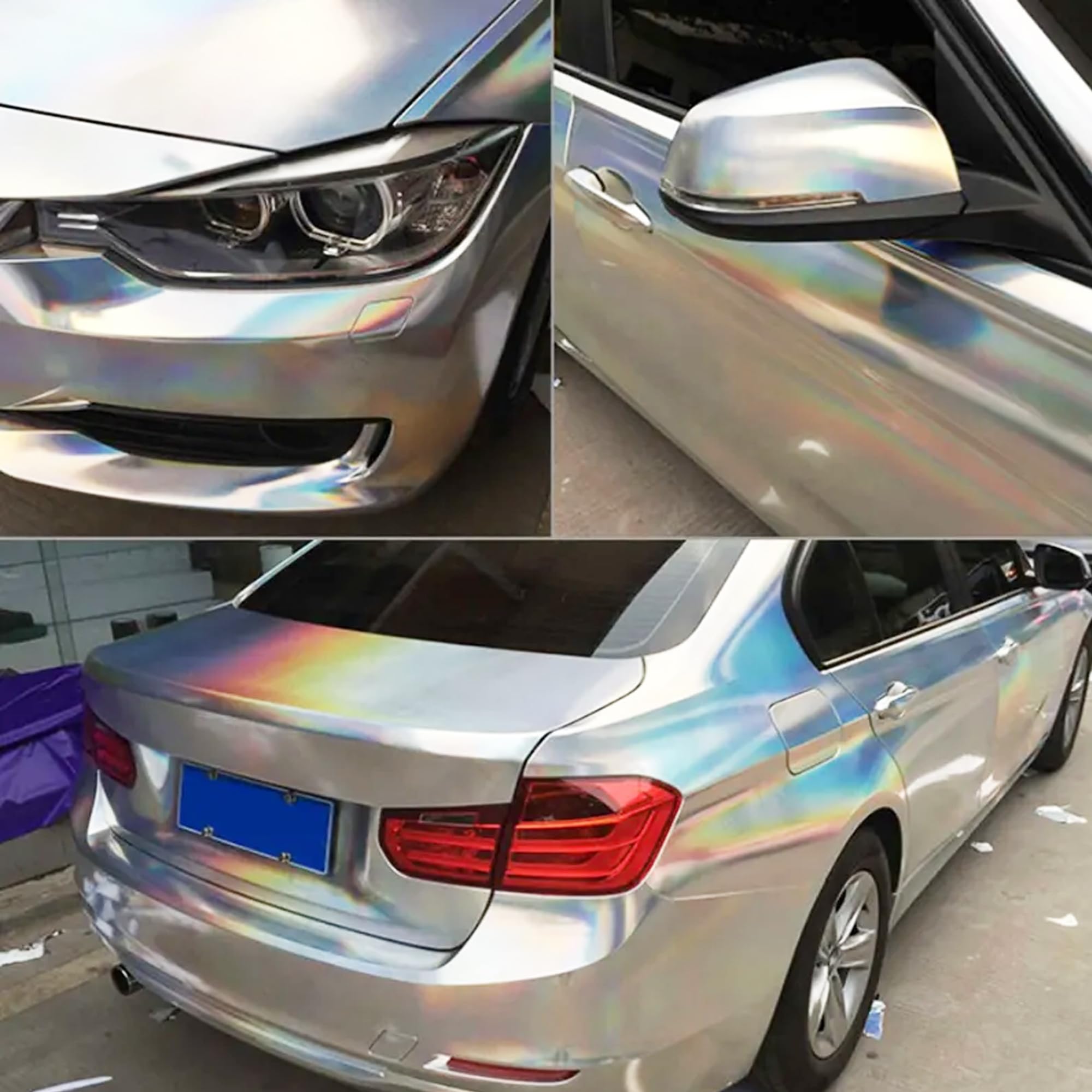 Lypumso Holographic Laser Silver Vinyl Wrap, Chrome Metallic Car Wrap Vinyl Self Adhesive Decal Sticker Air Release Stretchable Glossy Film Vinyl Sheet for Cars Motorcycles Exterior Interior 1ft x 5ft