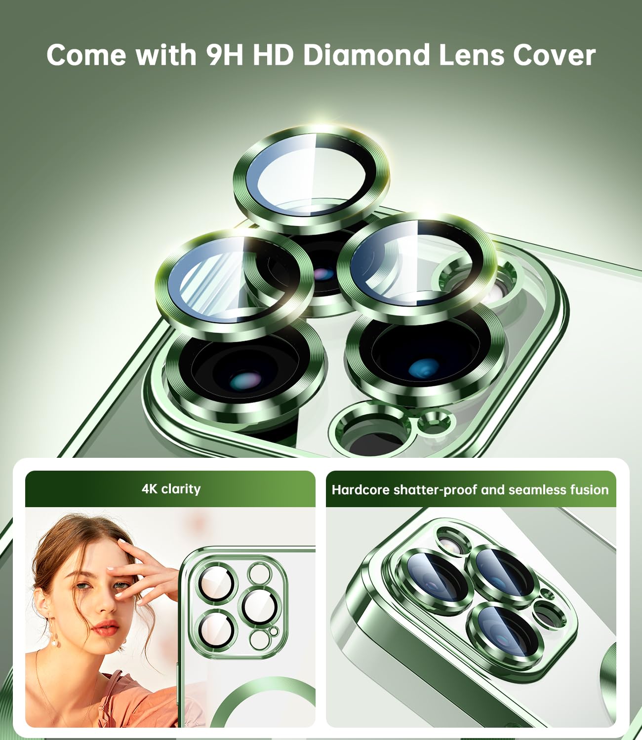Waldeng for iPhone 13 Pro Max Case with Integrated Camera Lens Protection, [Seamless Work with Magsafe] [Metallic Glossy Soft Bumper], Diamond Clear Stylish Case for iPhone 13 Pro Max, Alpine Green