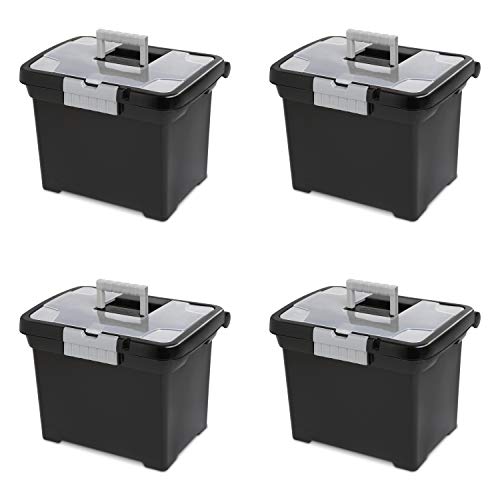 Sterilite 18719004 Portable File Box, Black with Clear Storage Lid and Titanium Handle and Latch, 4-Pack