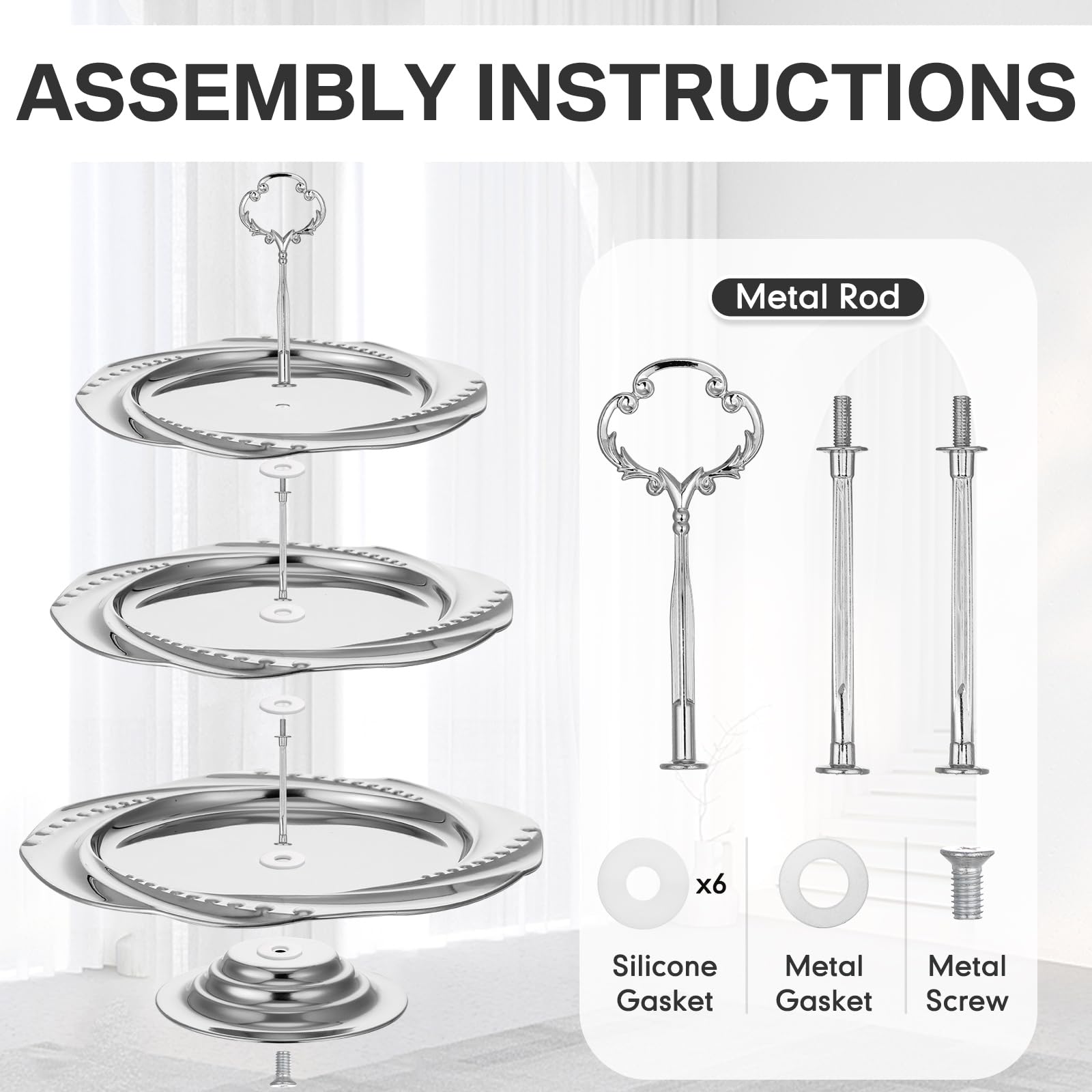 Zhehao 2 Set of Cake Stand Stainless Steel 3 Tiered Serving Stand Dessert Fruit Cupcake Tray Buffet Candy Cup Cake Holder Tea Party Tiered Stand Table Decorations for Wedding Birthday (Silver)