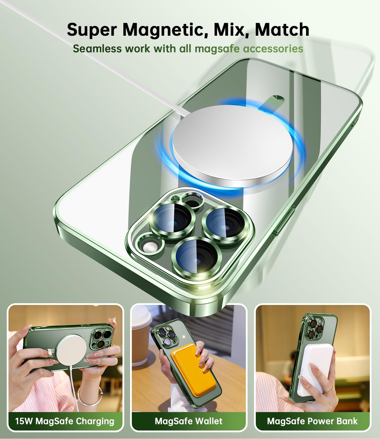 Waldeng for iPhone 13 Pro Max Case with Integrated Camera Lens Protection, [Seamless Work with Magsafe] [Metallic Glossy Soft Bumper], Diamond Clear Stylish Case for iPhone 13 Pro Max, Alpine Green