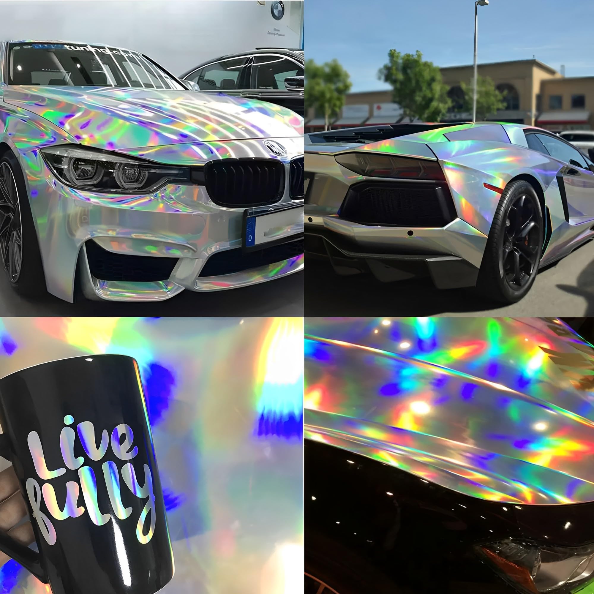 Lypumso Holographic Laser Silver Vinyl Wrap, Chrome Metallic Car Wrap Vinyl Self Adhesive Decal Sticker Air Release Stretchable Glossy Film Vinyl Sheet for Cars Motorcycles Exterior Interior 1ft x 5ft