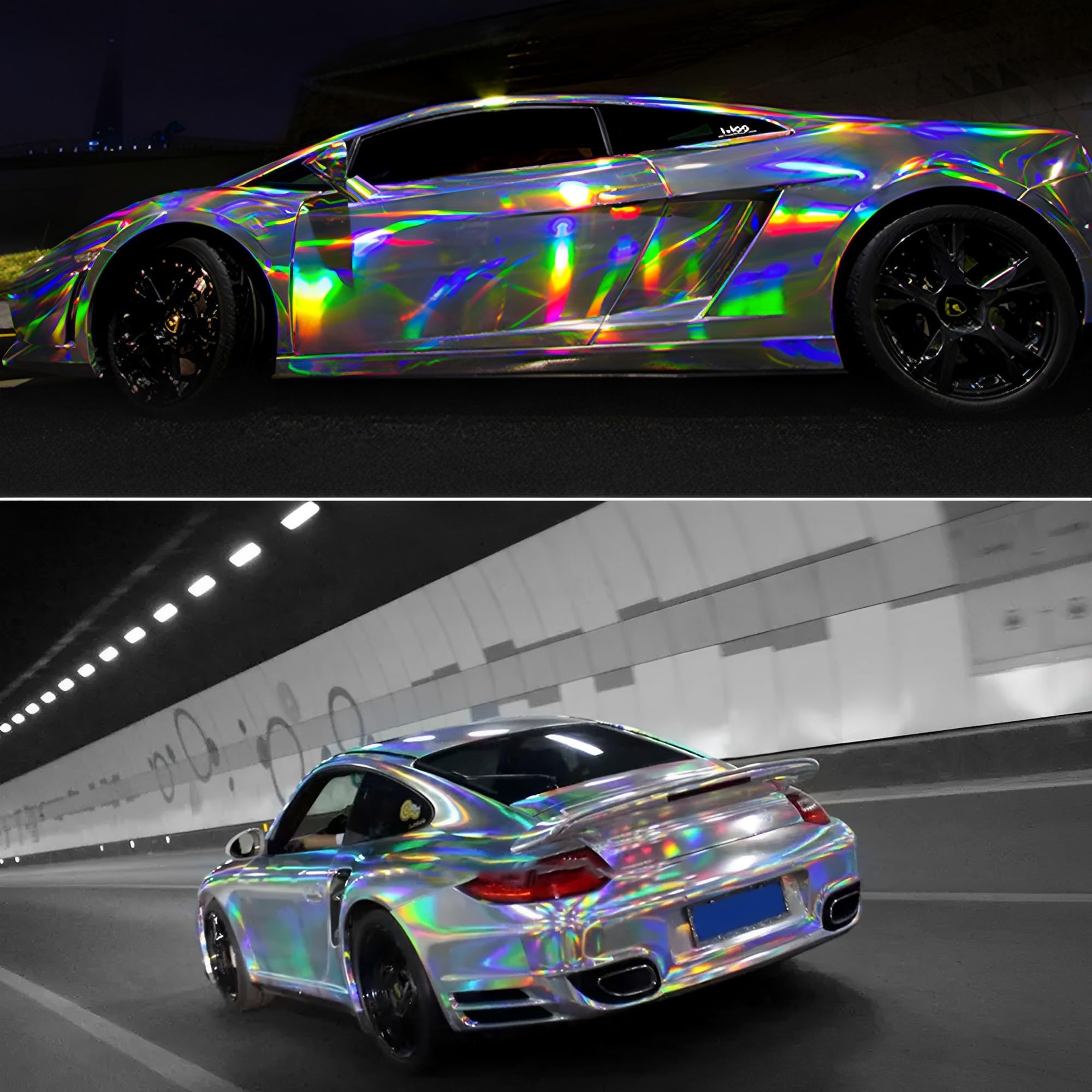 Lypumso Holographic Laser Silver Vinyl Wrap, Chrome Metallic Car Wrap Vinyl Self Adhesive Decal Sticker Air Release Stretchable Glossy Film Vinyl Sheet for Cars Motorcycles Exterior Interior 1ft x 5ft
