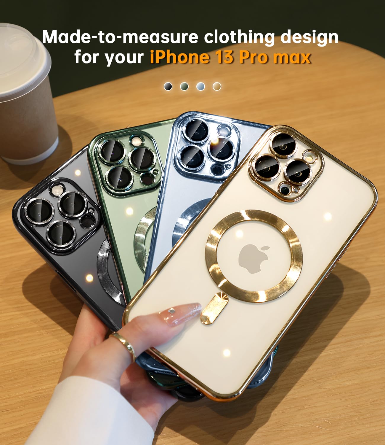 Waldeng for iPhone 13 Pro Max Case with Integrated Camera Lens Protection, [Seamless Work with Magsafe] [Metallic Glossy Soft Bumper], Diamond Clear Stylish Case for iPhone 13 Pro Max, Alpine Green