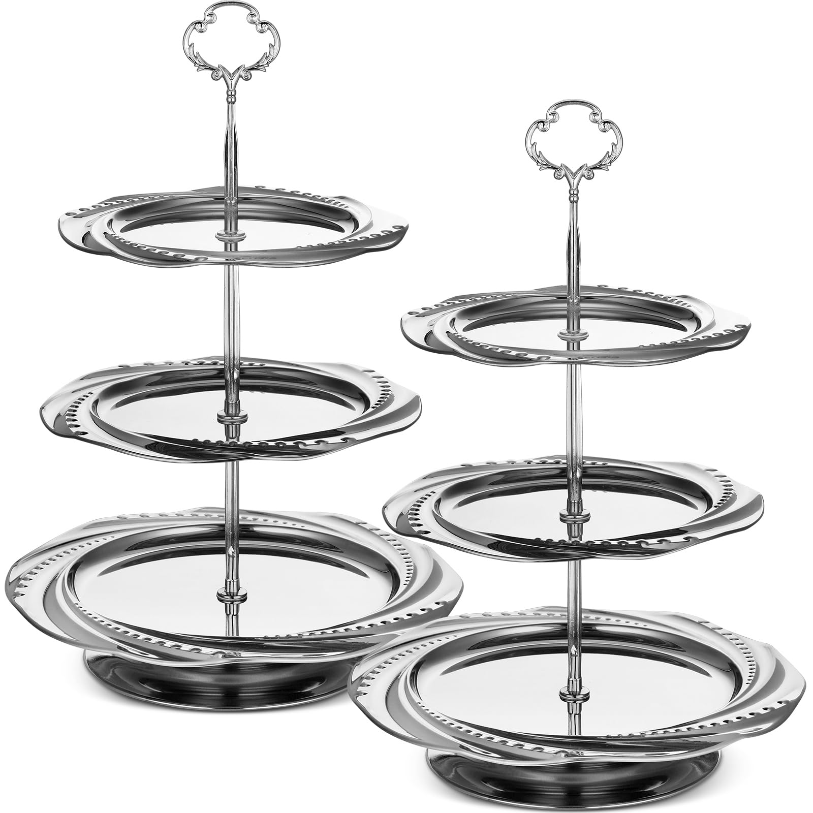 Zhehao 2 Set of Cake Stand Stainless Steel 3 Tiered Serving Stand Dessert Fruit Cupcake Tray Buffet Candy Cup Cake Holder Tea Party Tiered Stand Table Decorations for Wedding Birthday (Silver)
