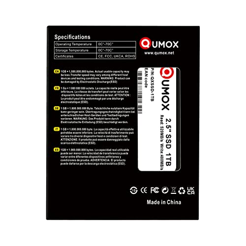 QUMOX 1TB SATA SSD - High-Speed Storage Solution with Read Speeds up to 520MB/s and Write Speeds up to 480MB/s