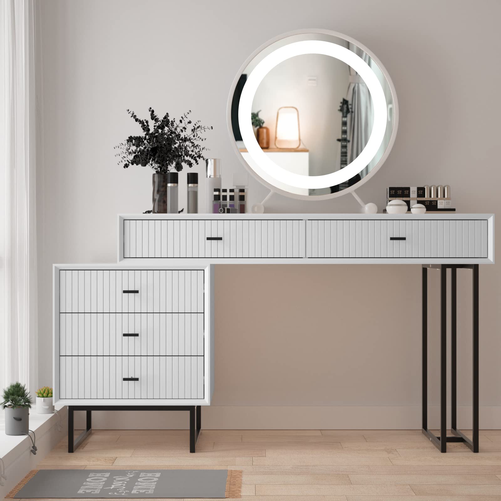 Anbuy Makeup Vanity Desk Set with Drawers, Large Modern Makeup Dressing Table Bedroom Vanity Sets Storage Dresser Furniture Set