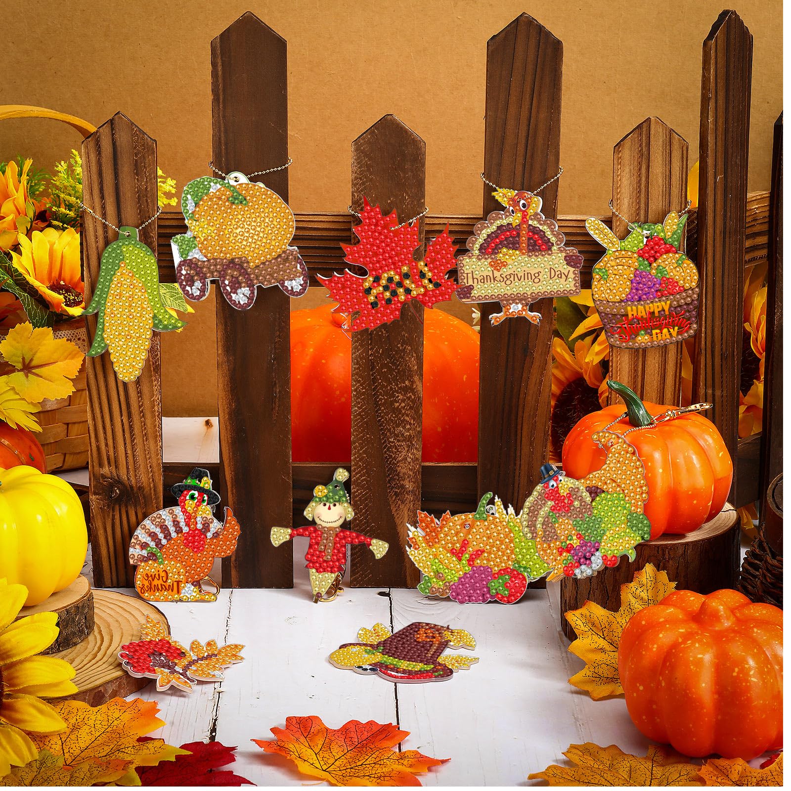 Outus 24 Pcs Thanksgiving Diamond Art Keychain Kit Fall 5D DIY Diamond Art Key Chain Double Sided Maple Acorn Diamond Art Key Ring Thanksgiving Day Diamond Art Ornament for Harvest Craft