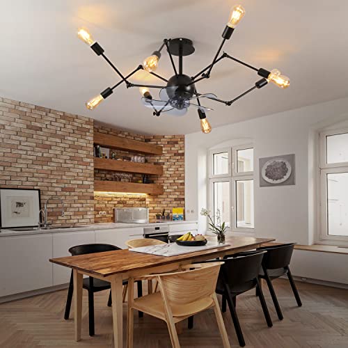 Aukali Ceiling Fans with Lights, Low Profile Ceiling Fan with Lights Remote Control, 45" Flush Mount Ceiling Light, Timer, 6 Speeds, Vintage Chandeliers for Dining Room, Bedroom (8 Lights)