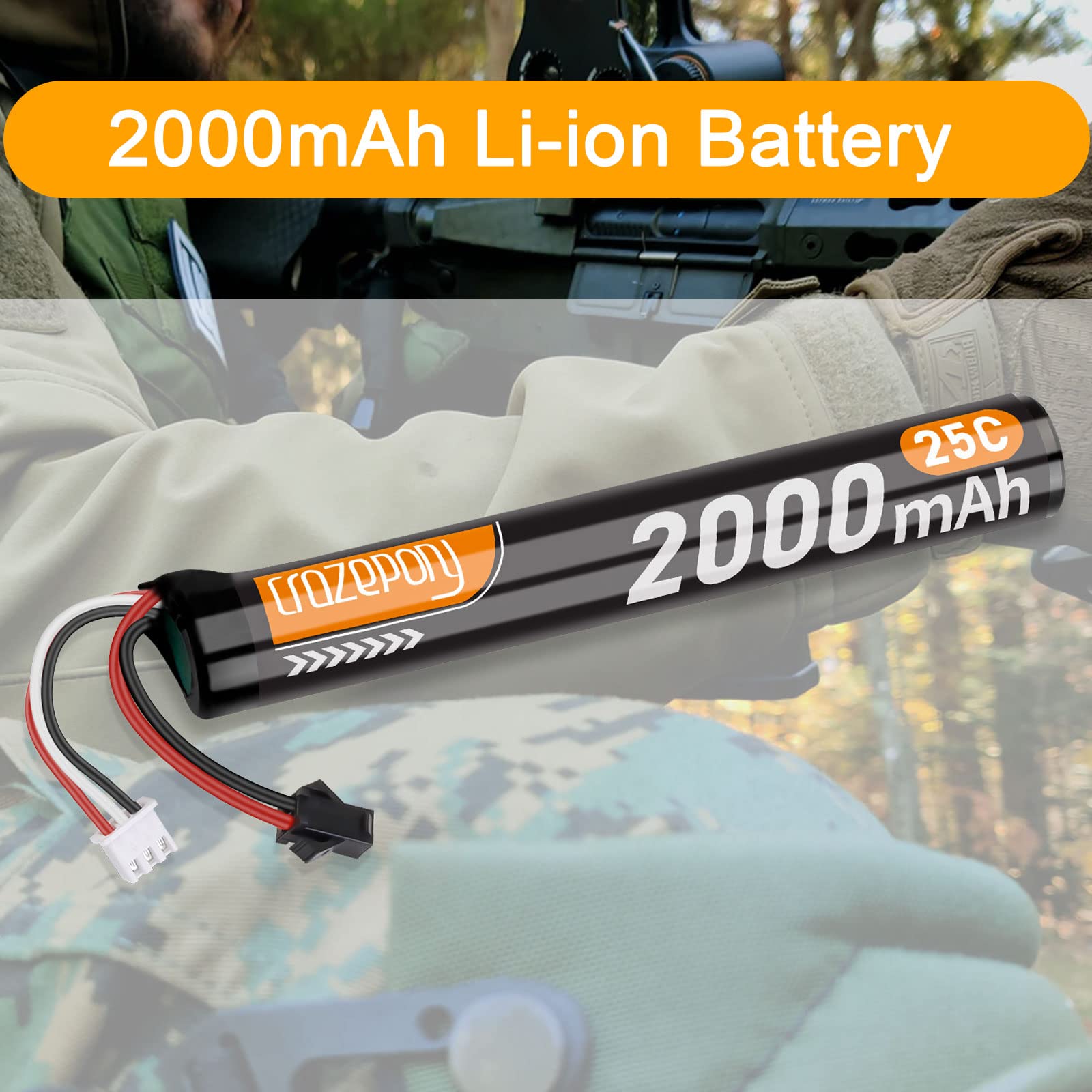 Crazepony Splatter Ball Battery 7.4V 2000mAh Airsoft Battery Pack 2Pcs 25C Lithium-ion Water Bead Rechargeable Batteries with SM2P Plug to Mini Tamiya Cable for SRB400 SRB400-SUB and SRB1200