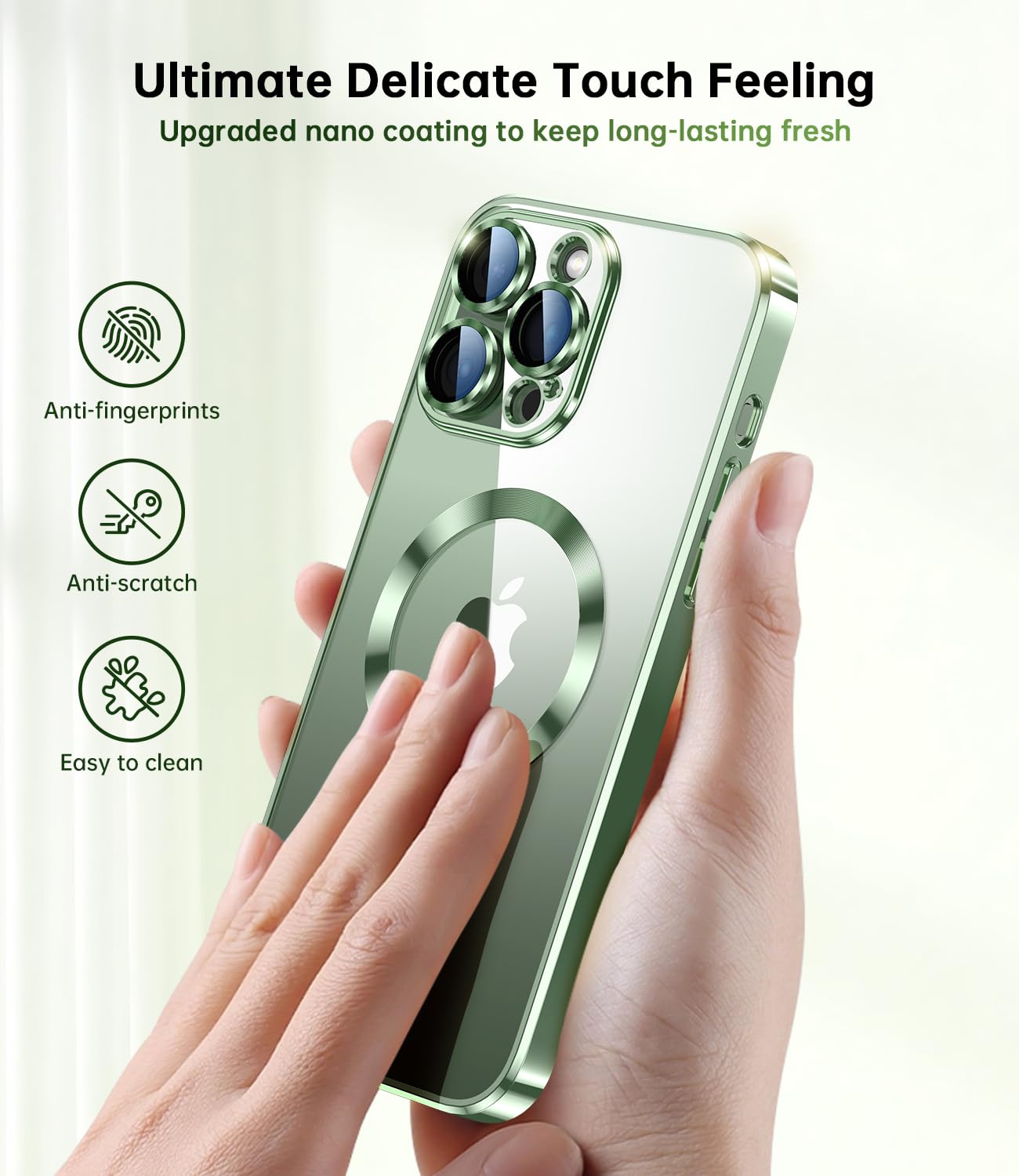Waldeng for iPhone 13 Pro Max Case with Integrated Camera Lens Protection, [Seamless Work with Magsafe] [Metallic Glossy Soft Bumper], Diamond Clear Stylish Case for iPhone 13 Pro Max, Alpine Green