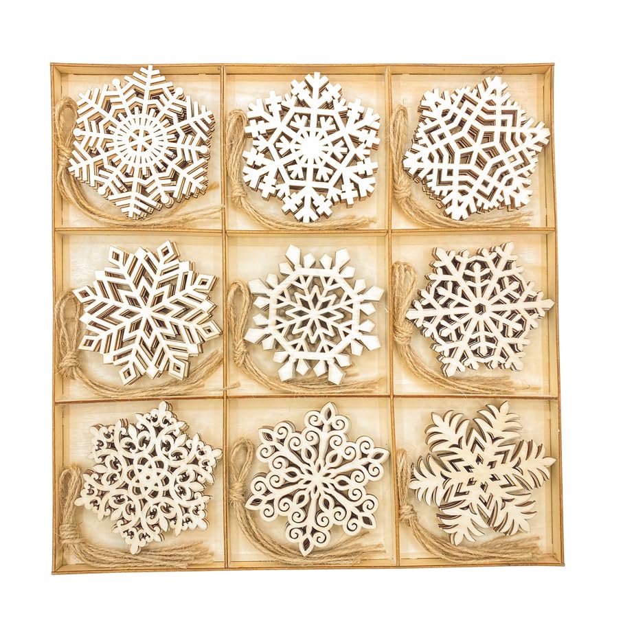 45 Pack Wooden Snow Flakes 3.5 Inch Unfinished Wood Snow Shaped Cutouts for DIY Crafts, with Sorting Tray(5 Pieces Each, 9 Designs)