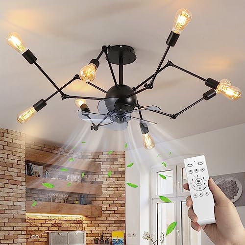 Aukali Ceiling Fans with Lights, Low Profile Ceiling Fan with Lights Remote Control, 45" Flush Mount Ceiling Light, Timer, 6 Speeds, Vintage Chandeliers for Dining Room, Bedroom (8 Lights)