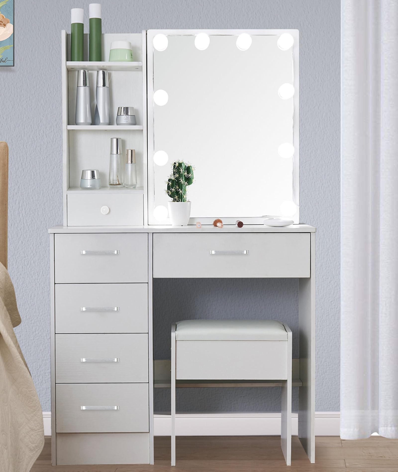 White Vanity Desk with Mirror and Lights, Makeup Vanity Desk with 5 Drawers of Storage, Bedroom Makeup Dressing Table with Stool, White (JTO-07)