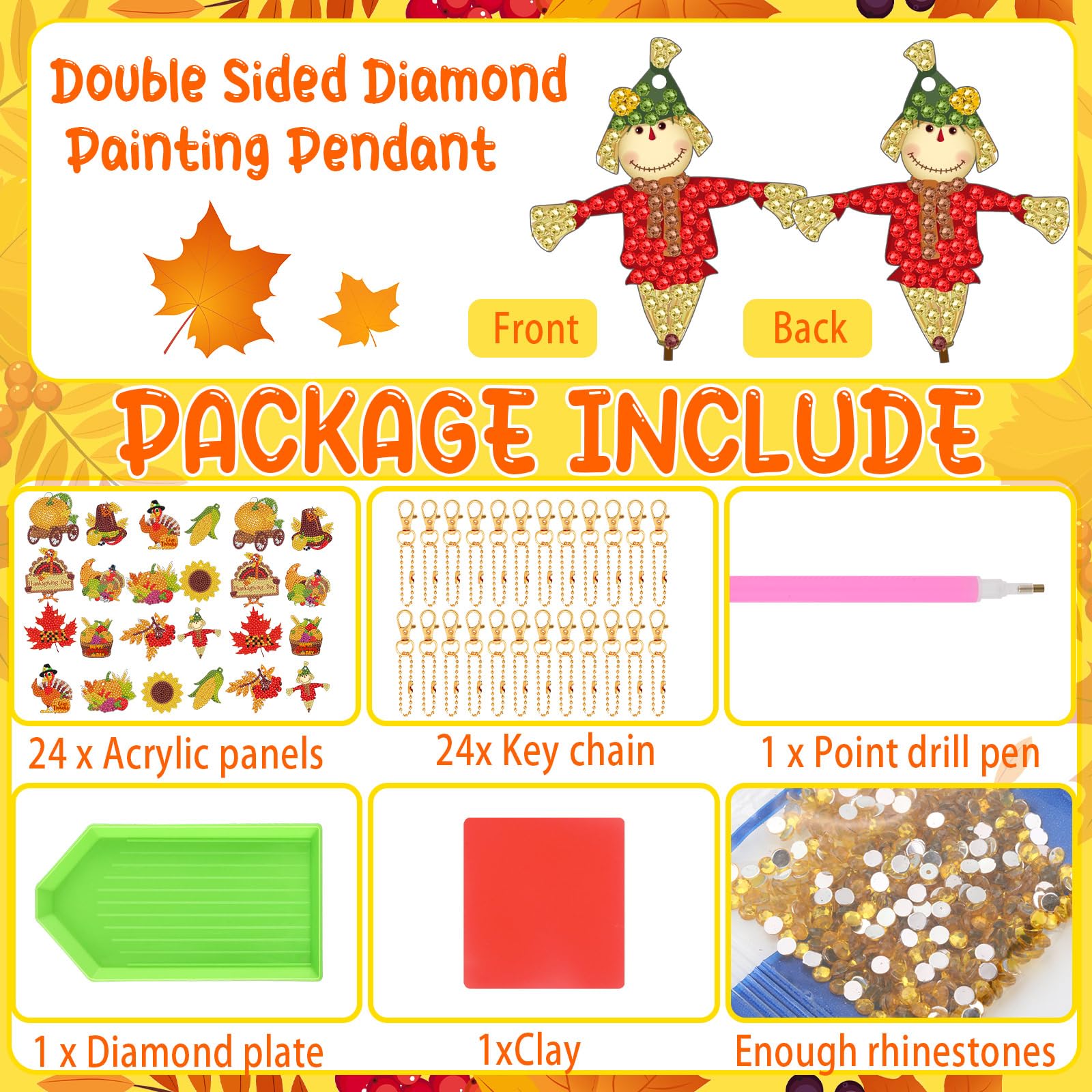 Outus 24 Pcs Thanksgiving Diamond Art Keychain Kit Fall 5D DIY Diamond Art Key Chain Double Sided Maple Acorn Diamond Art Key Ring Thanksgiving Day Diamond Art Ornament for Harvest Craft