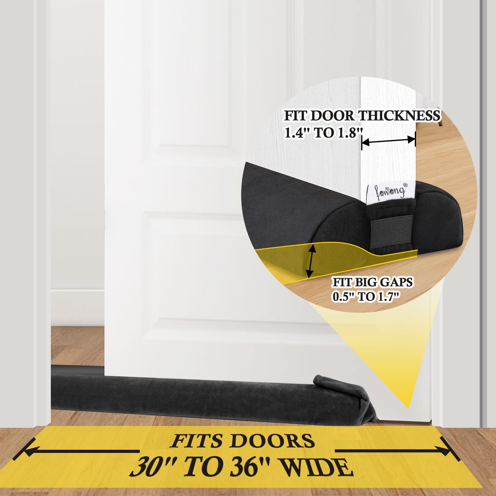 fowong Under Door Draft Stopper 30" to 36" Adjustable Draft Stopper for Bottom of Door, Soundproofing Noise Blocker Seal Gap up to 1.7", Easy to Install, Black