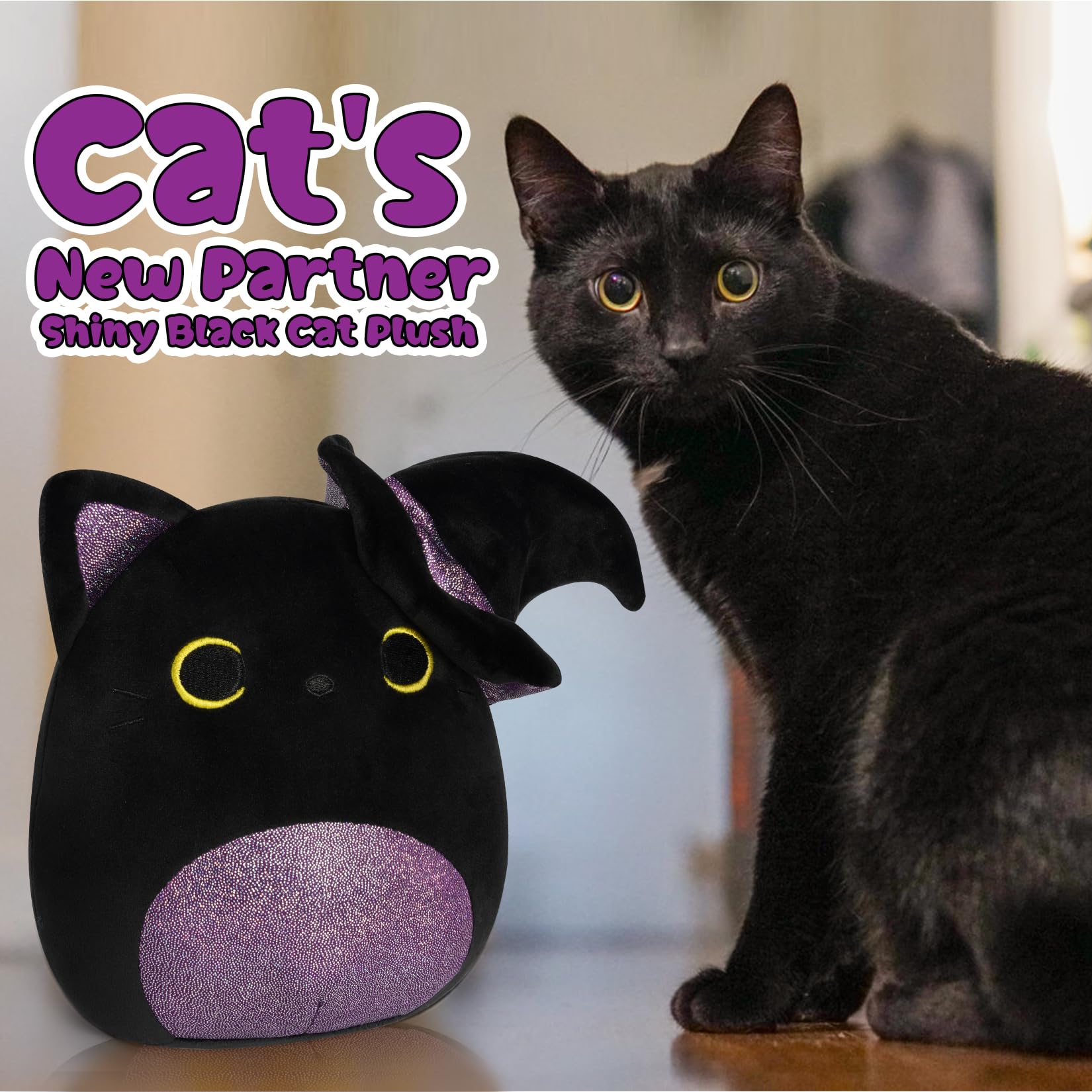 KOPHINYE Halloween Plush Black Cat Plush - 9inch Black Cat Stuffed Animal Witch Kitten Plushie - Cute Stuffed Toys Decorations for Kids
