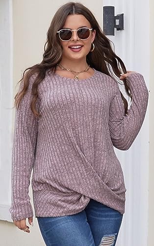 OFEEFAN Plus Size Tops for Women Dressy Fall Long Sleeve Crew Neck Light Sweaters Pink 3XL