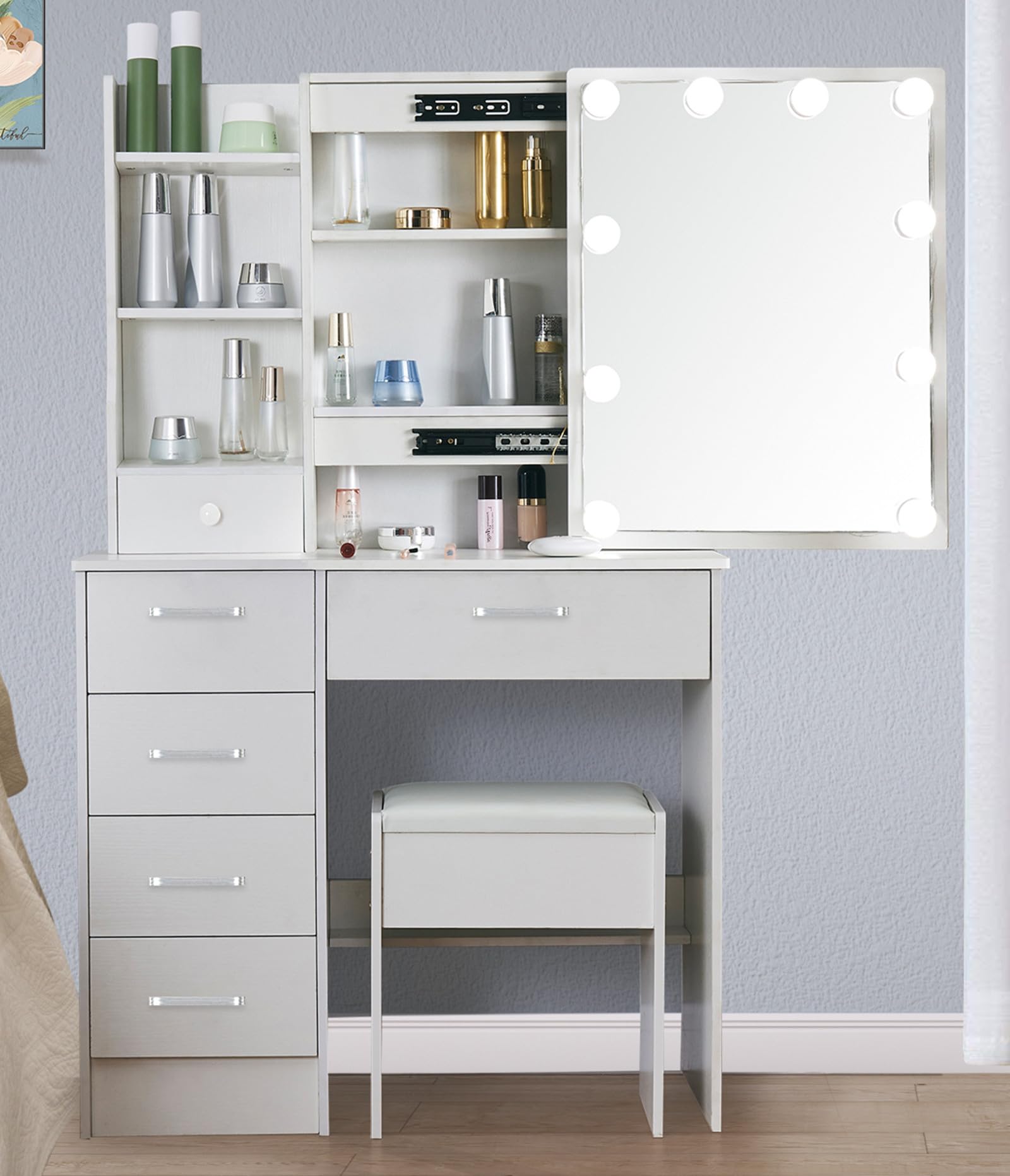 White Vanity Desk with Mirror and Lights, Makeup Vanity Desk with 5 Drawers of Storage, Bedroom Makeup Dressing Table with Stool, White (JTO-07)
